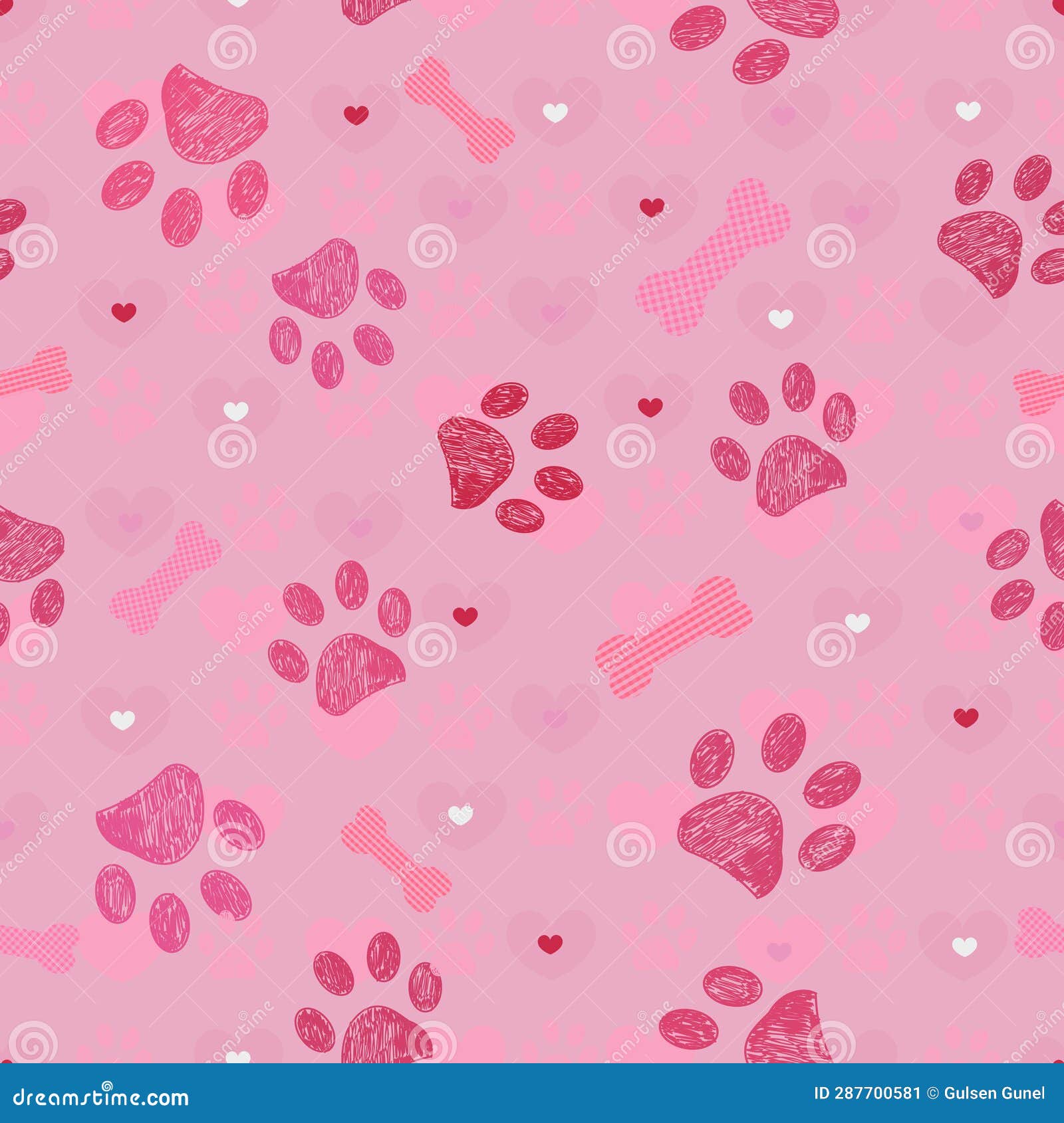 Pink Paw Prints Pattern with Bones. Seamless Fabric Design Pattern ...