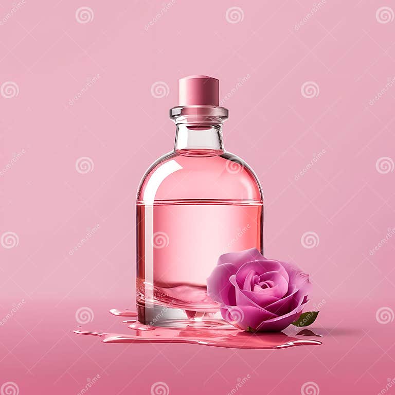 Pink Perfume Bottle On Pastel Pink Background Roses As Set Dressing Clean Product Bottles With