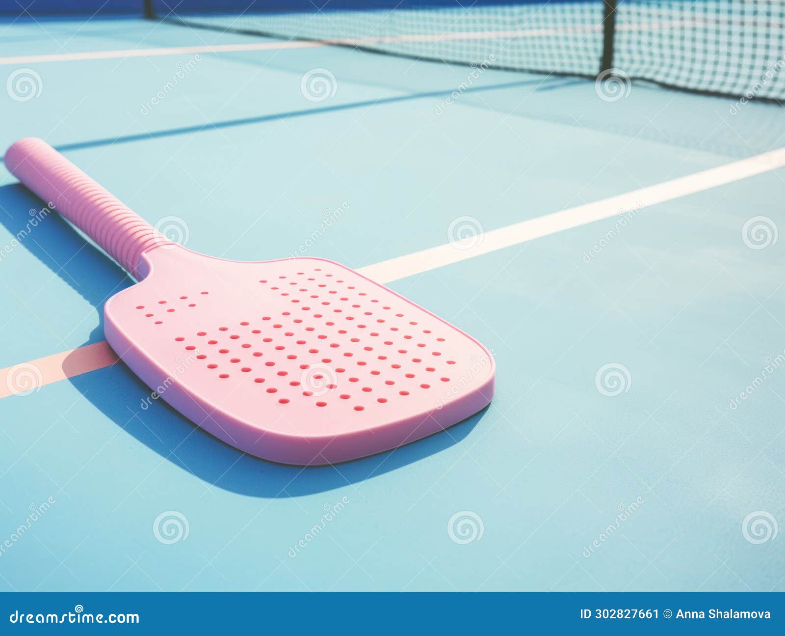 Pink Pickleball Paddle on a Blue Court with Shadow and Net. Stock Image ...