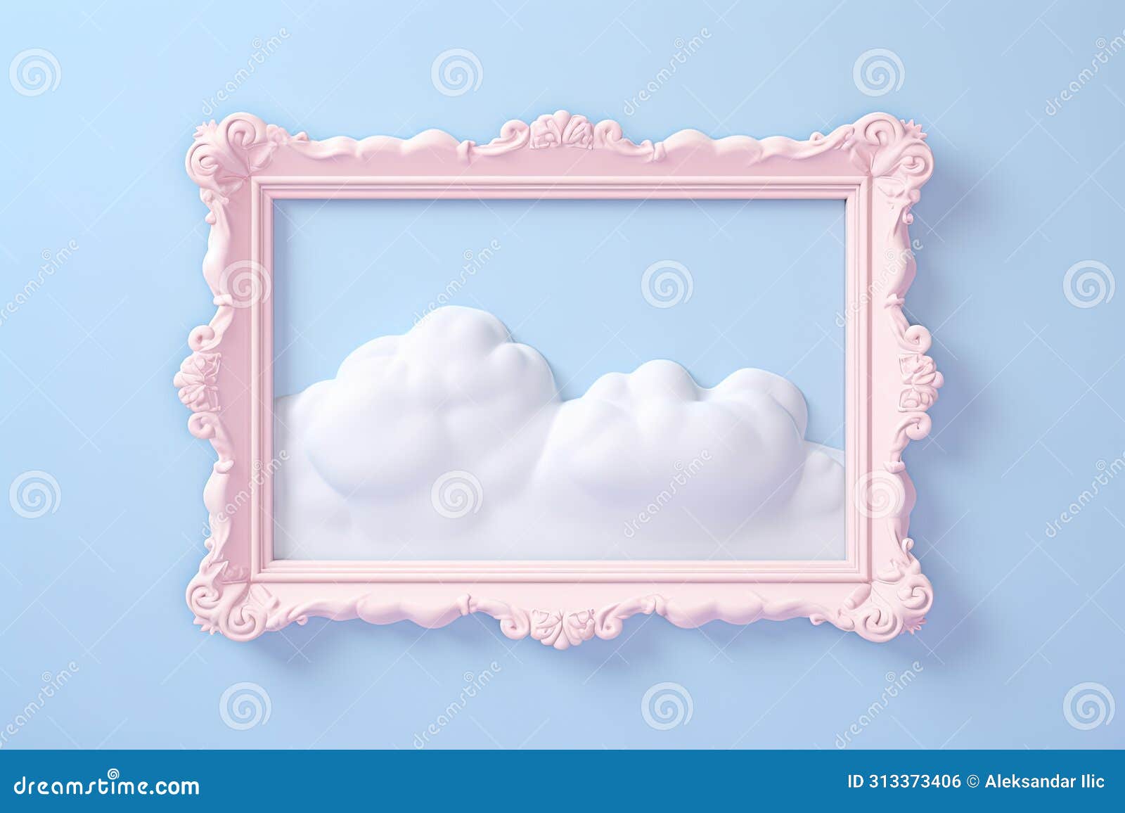 Pink Picture Frame with Fluffy Clouds Isolated on Light Blue Background ...