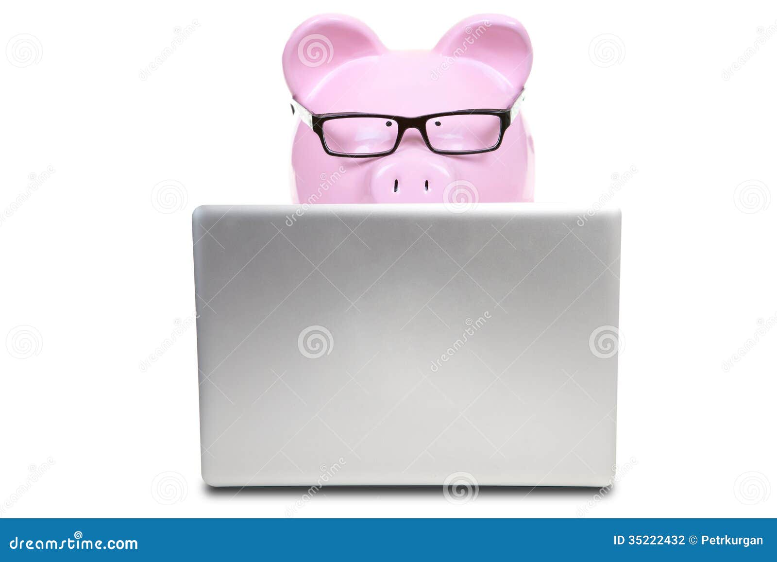 The Pink Pig and Notebook Computer Stock Photo - Image of desk, finance ...