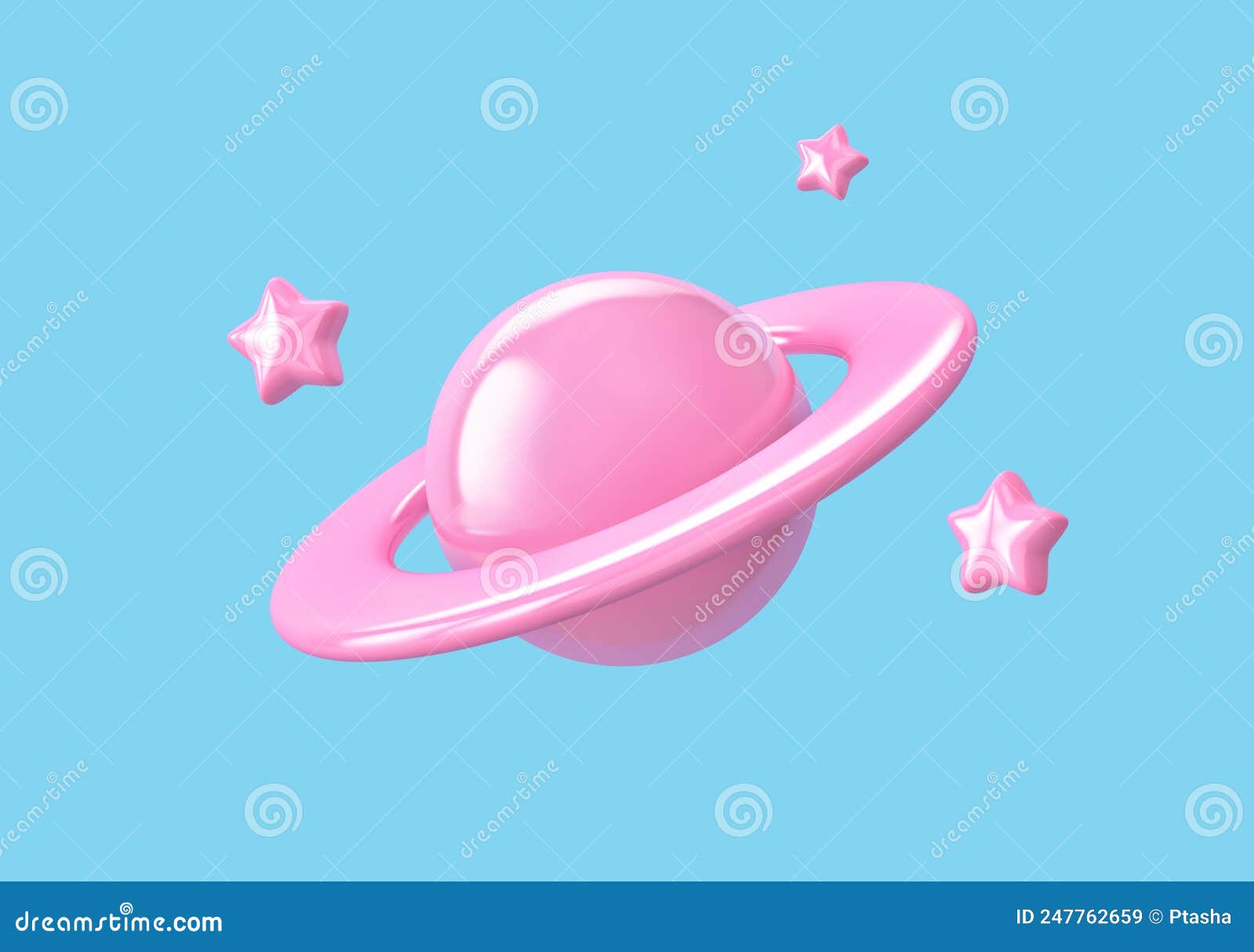 Pink Planet with Ring Around and Stars Isolated on Blue Background ...