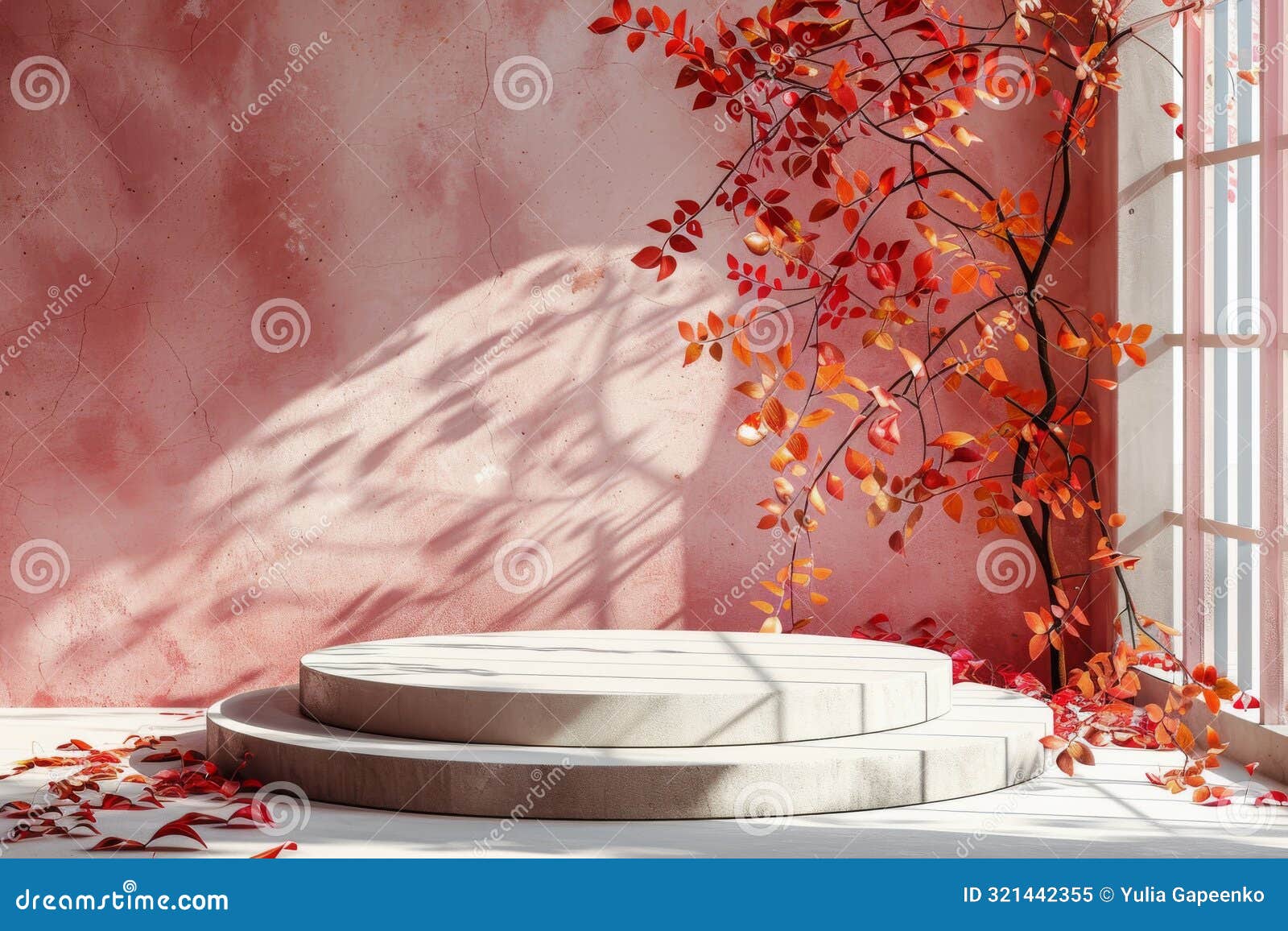 Pink Platform with Falling Leaves Against White Wall Stock Image ...