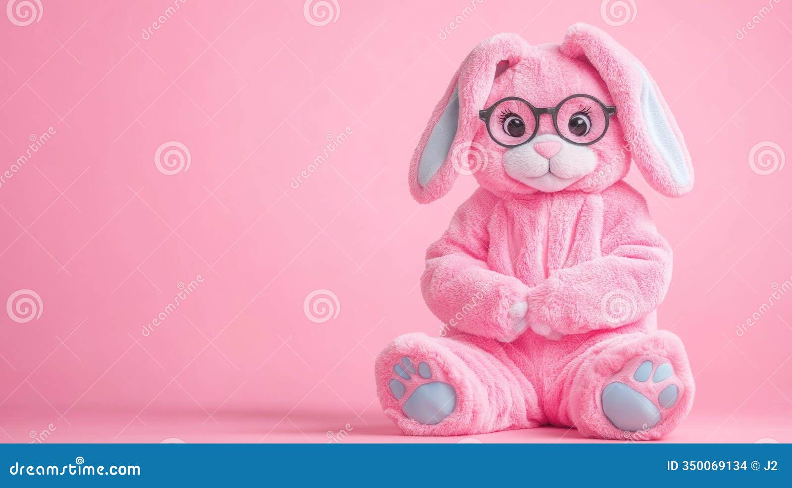 Pink Plush Bunny with Glasses Sitting on a Pastel Background Stock ...