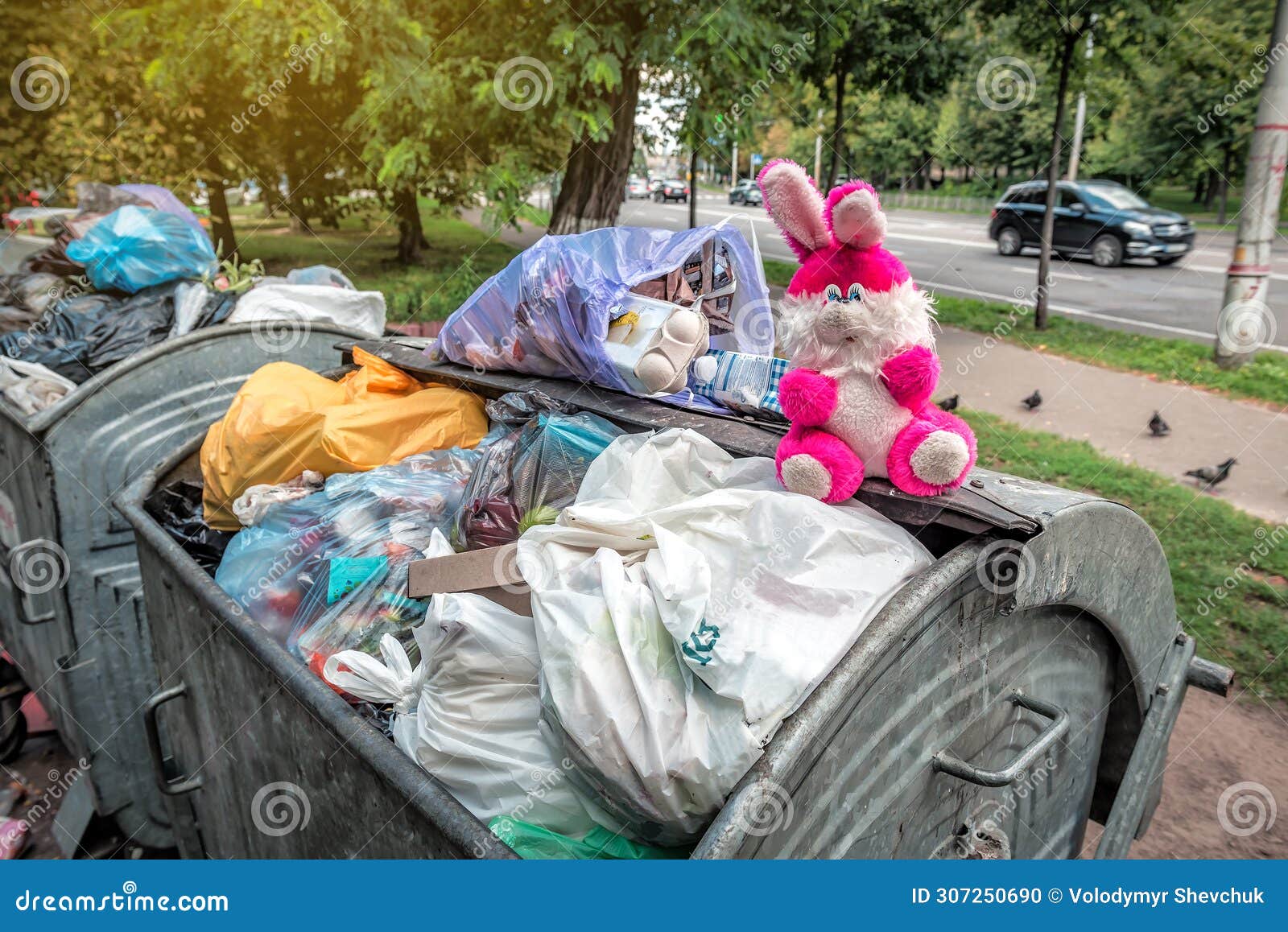 Pink Plush Rabbit on the Garbage Can Stock Photo - Image of crime ...