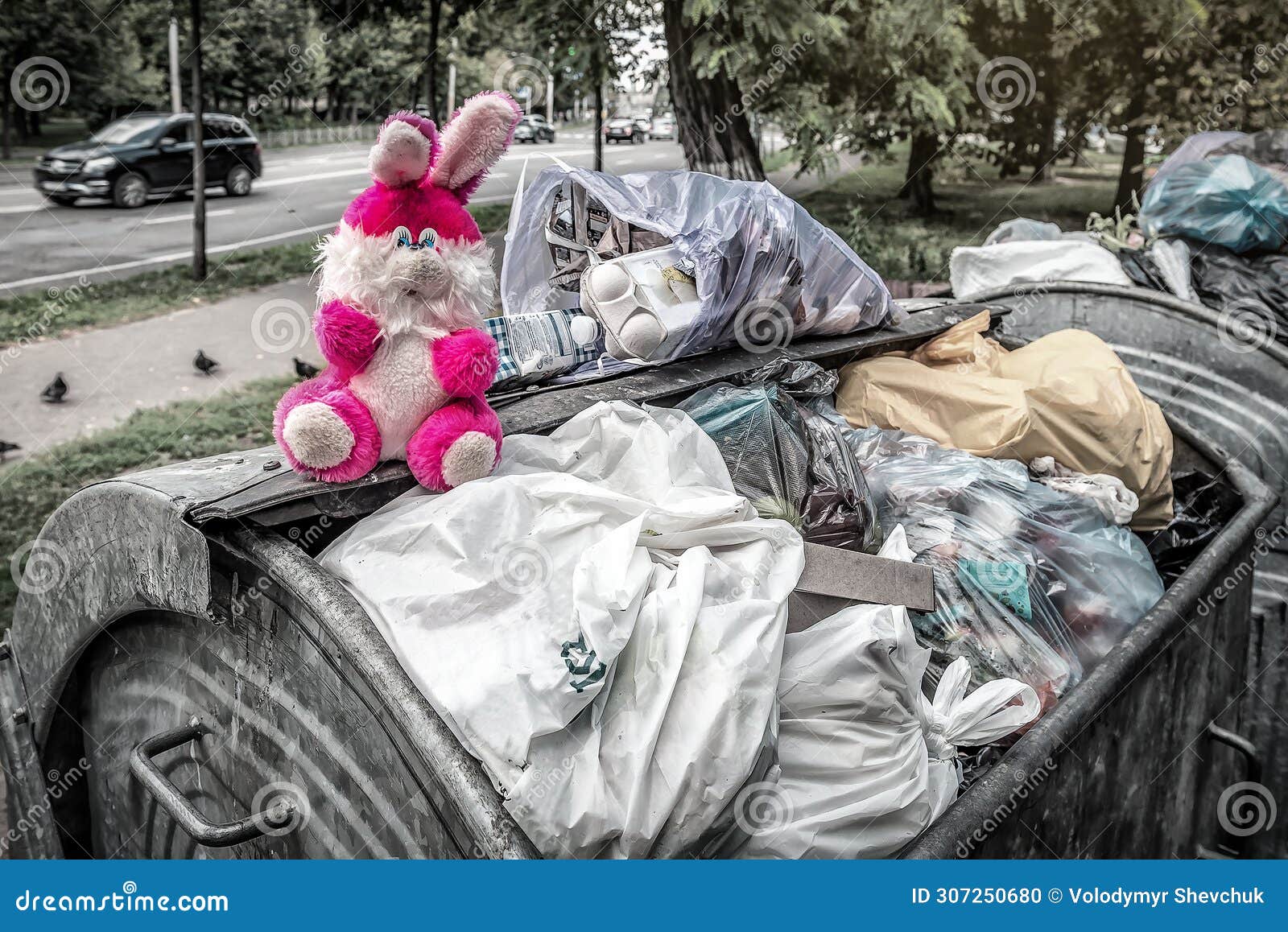 Pink Plush Rabbit on the Garbage Can Stock Photo - Image of ground ...
