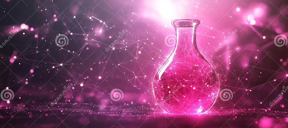 Pink Potion in a Glass Flask with Abstract Network Background, Science ...