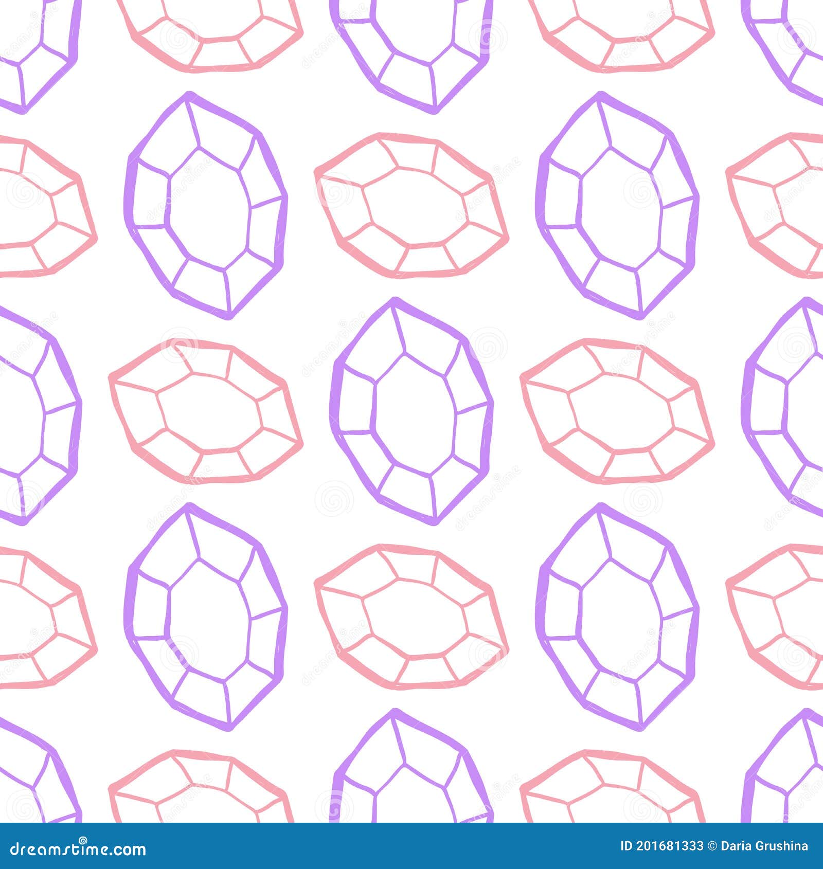 Pink and Purple Hand Drawn Gems Diamonds on White Background. Stock ...