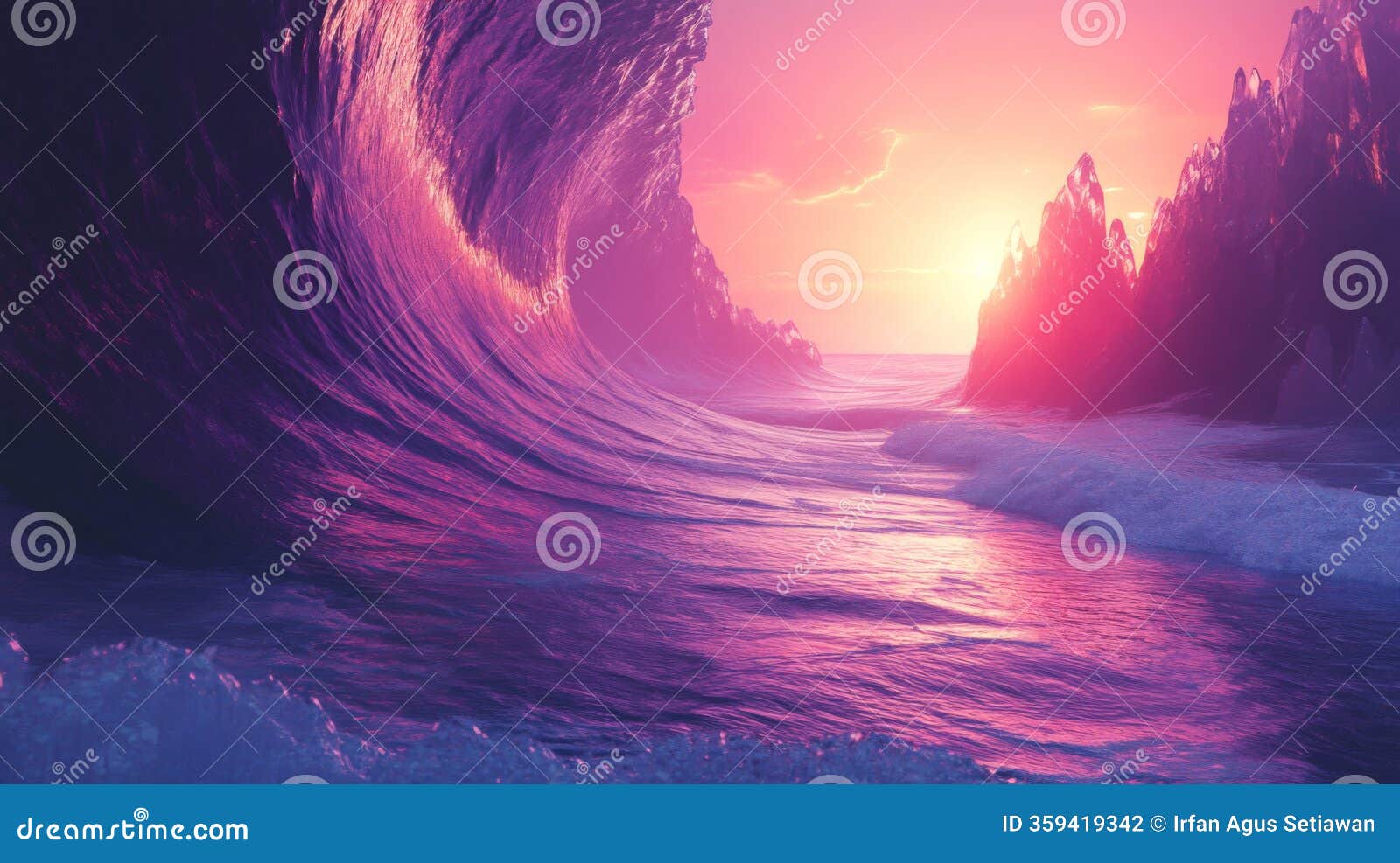 Pink and Purple Ocean Wave at Sunset, Digital Art Stock Illustration ...