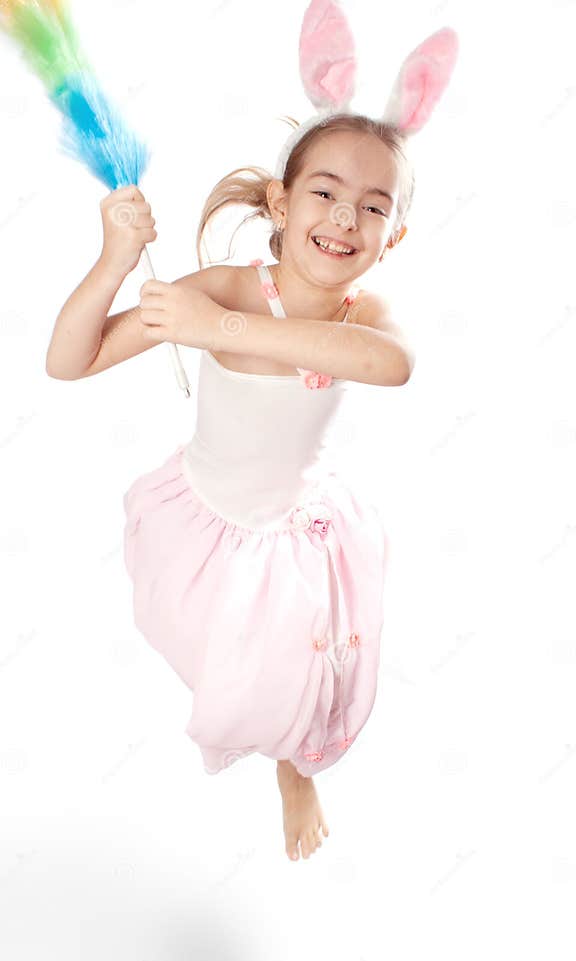 Pink rabbit-girl stock photo. Image of besom, broom, hare - 12956826