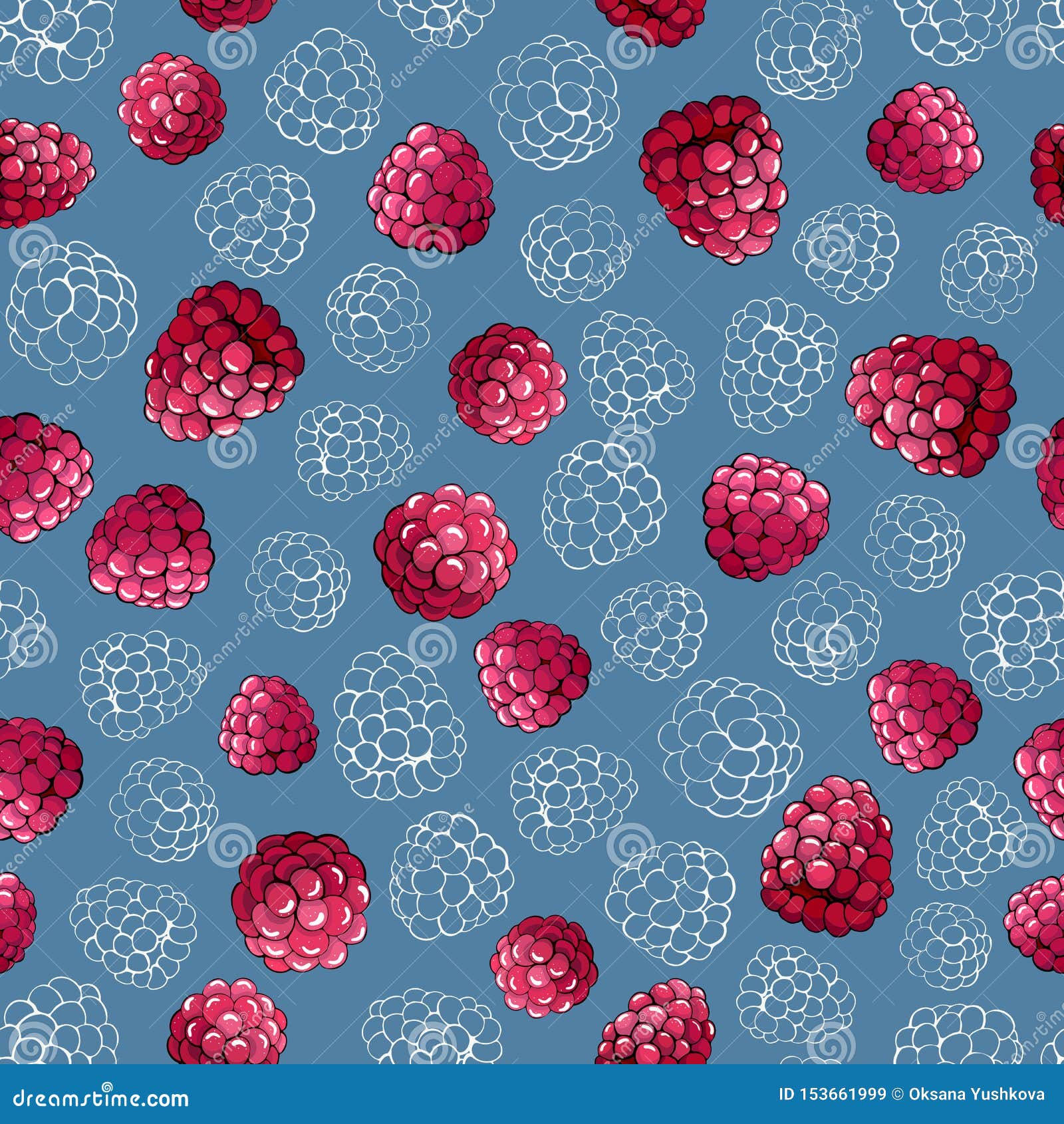 Pink Raspberry Berries Seamless Pattern on a Blue Background Stock ...