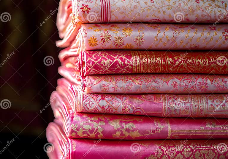 Pink & Red Silk Fabric Stack with Thai Designs Stock Illustration ...