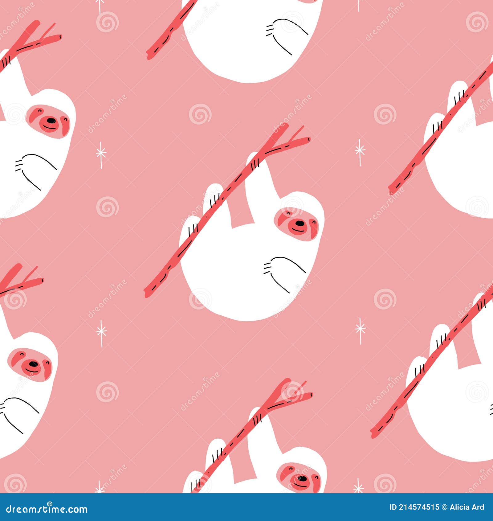 Pink and Red Tropical Cute Repeating Vector Retro Sloth Pattern. Stock ...