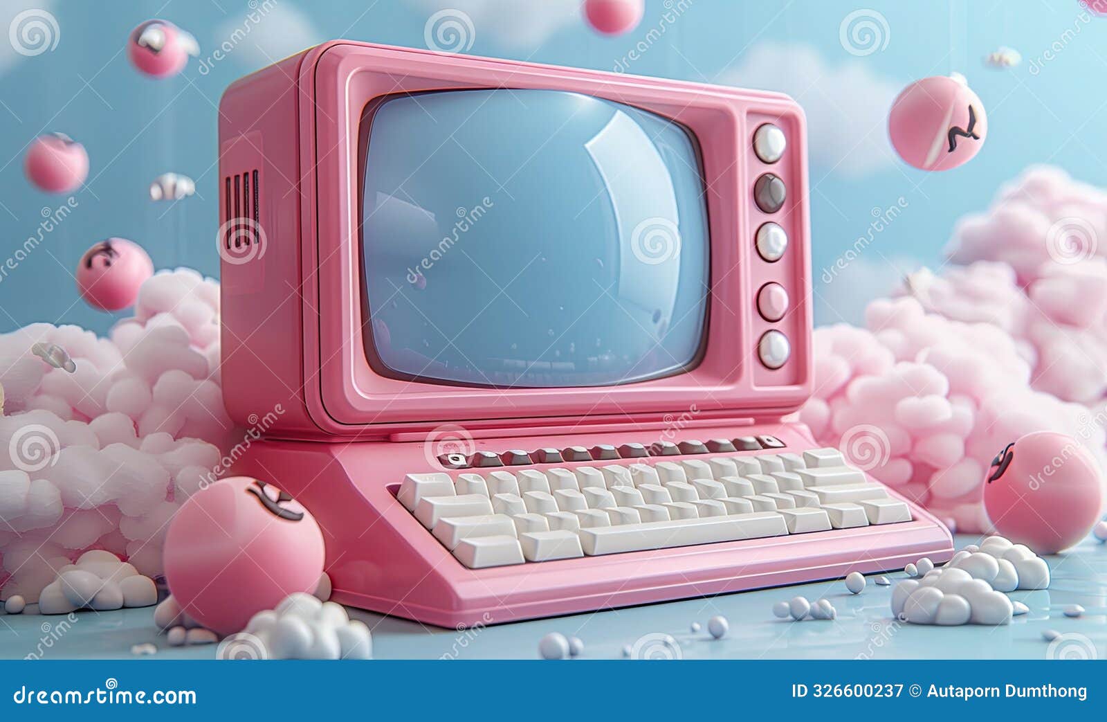 A Pink Retro Computer with a Blue Screen and a White Keyboard ...