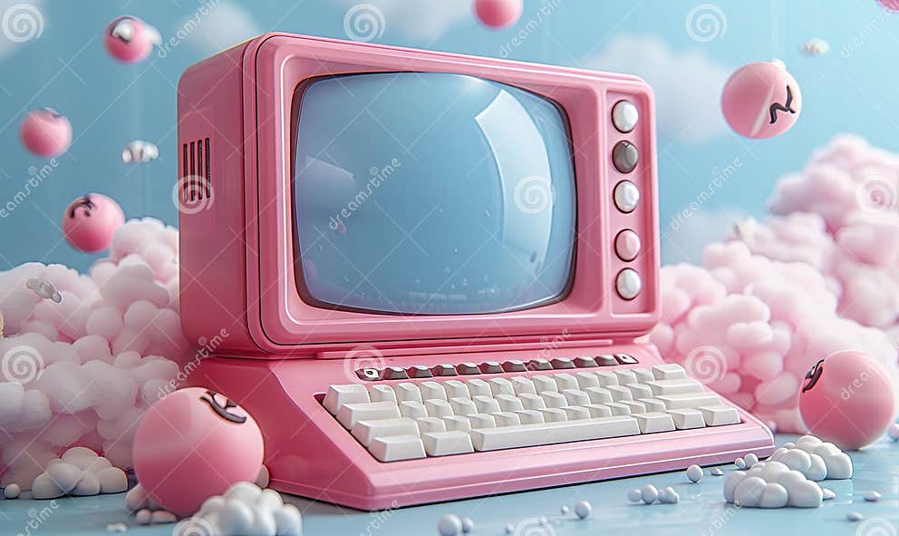 A Pink Retro Computer with a Blue Screen and a White Keyboard ...