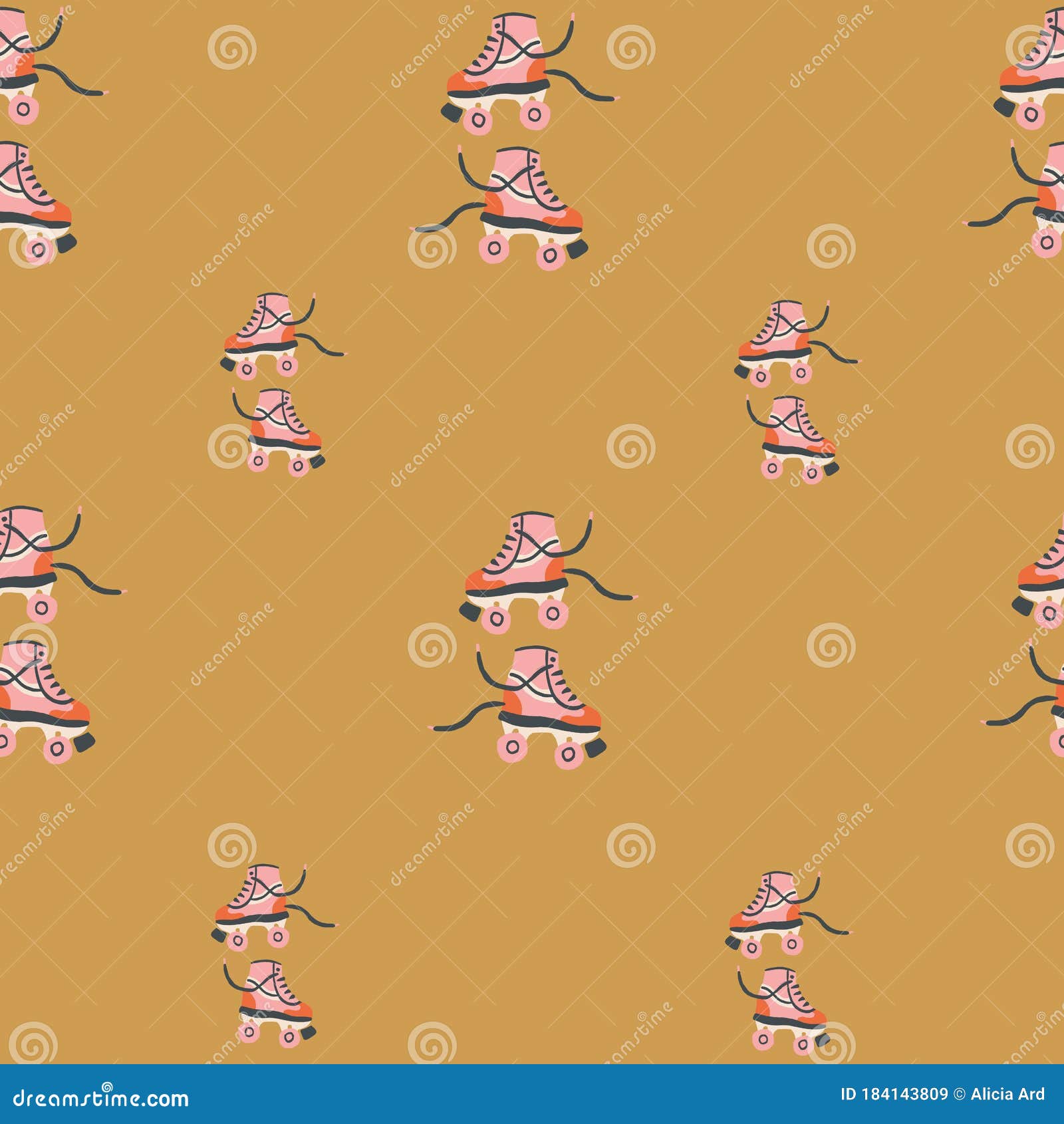 Pink Retro Vintage Roller Skate Seamless Repeat Pattern with Gold ...