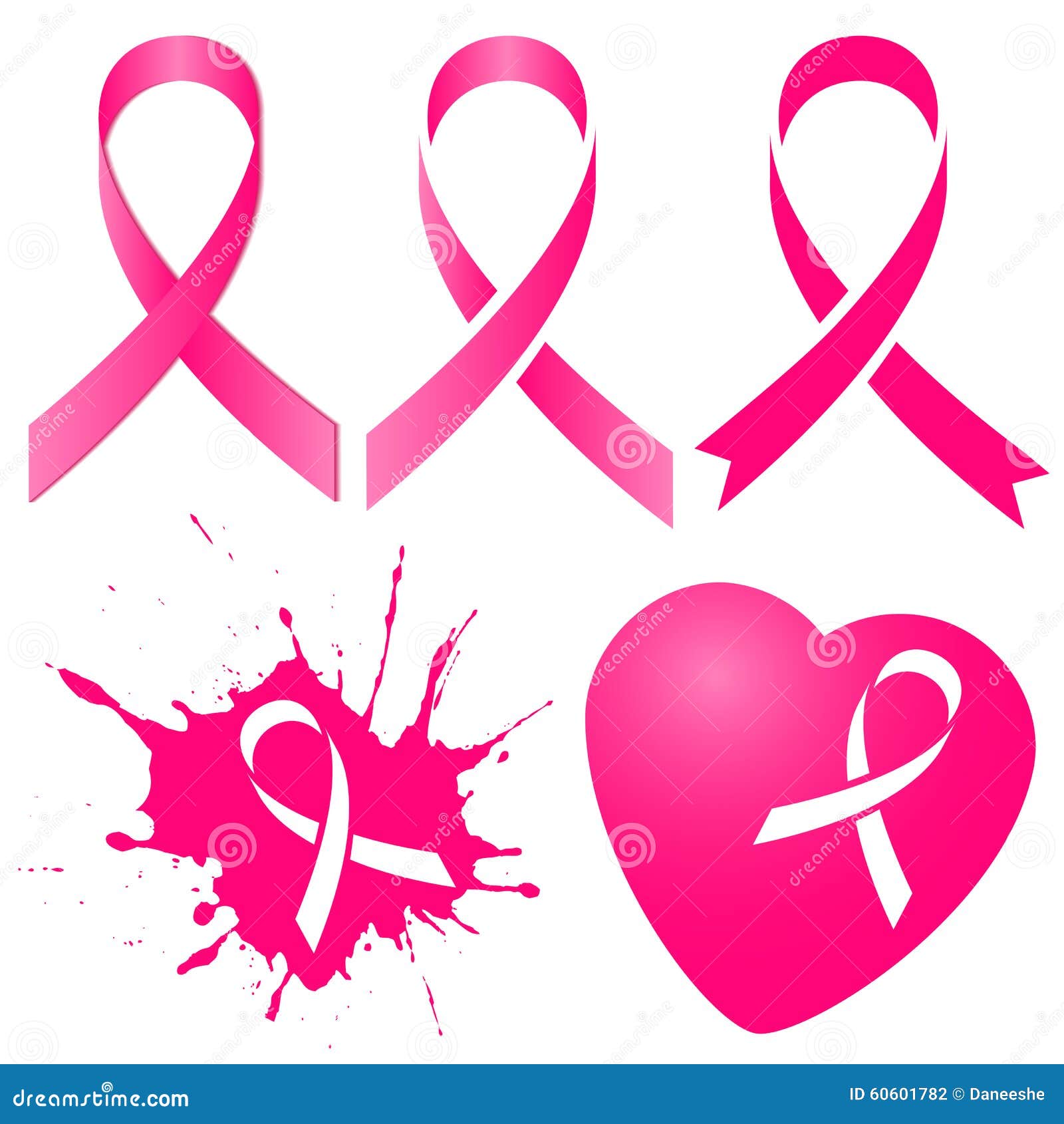 Pink Ribbon In Five Variations Breast Cancer Awareness Month Stock