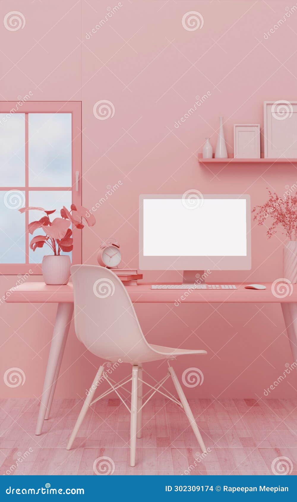 Pink Room Interior with Mock Up Computer PC with Blank White Screen. 3d ...