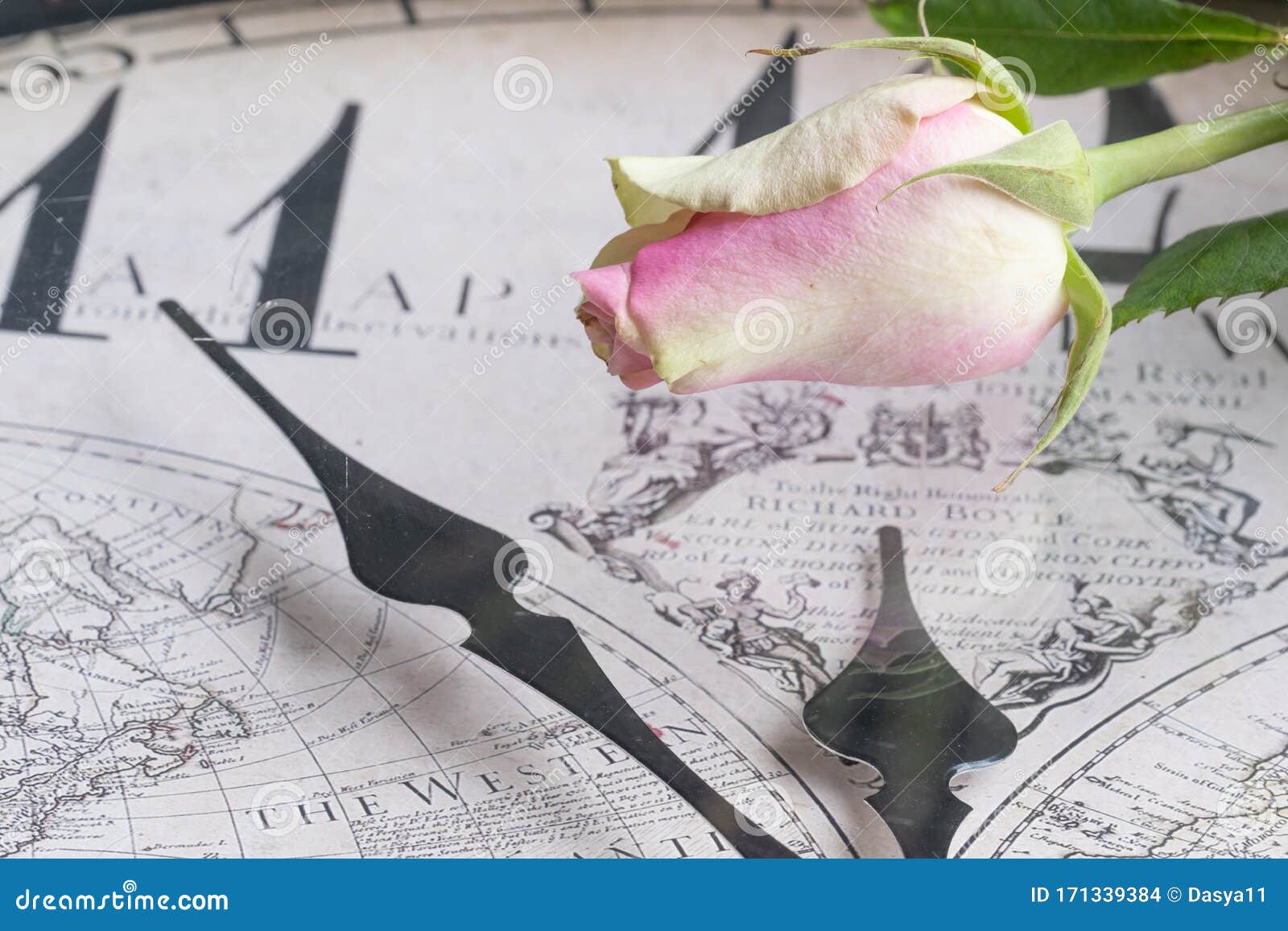 Pink Rose on a Clock Face, Clock Hands Stock Photo - Image of blossom ...