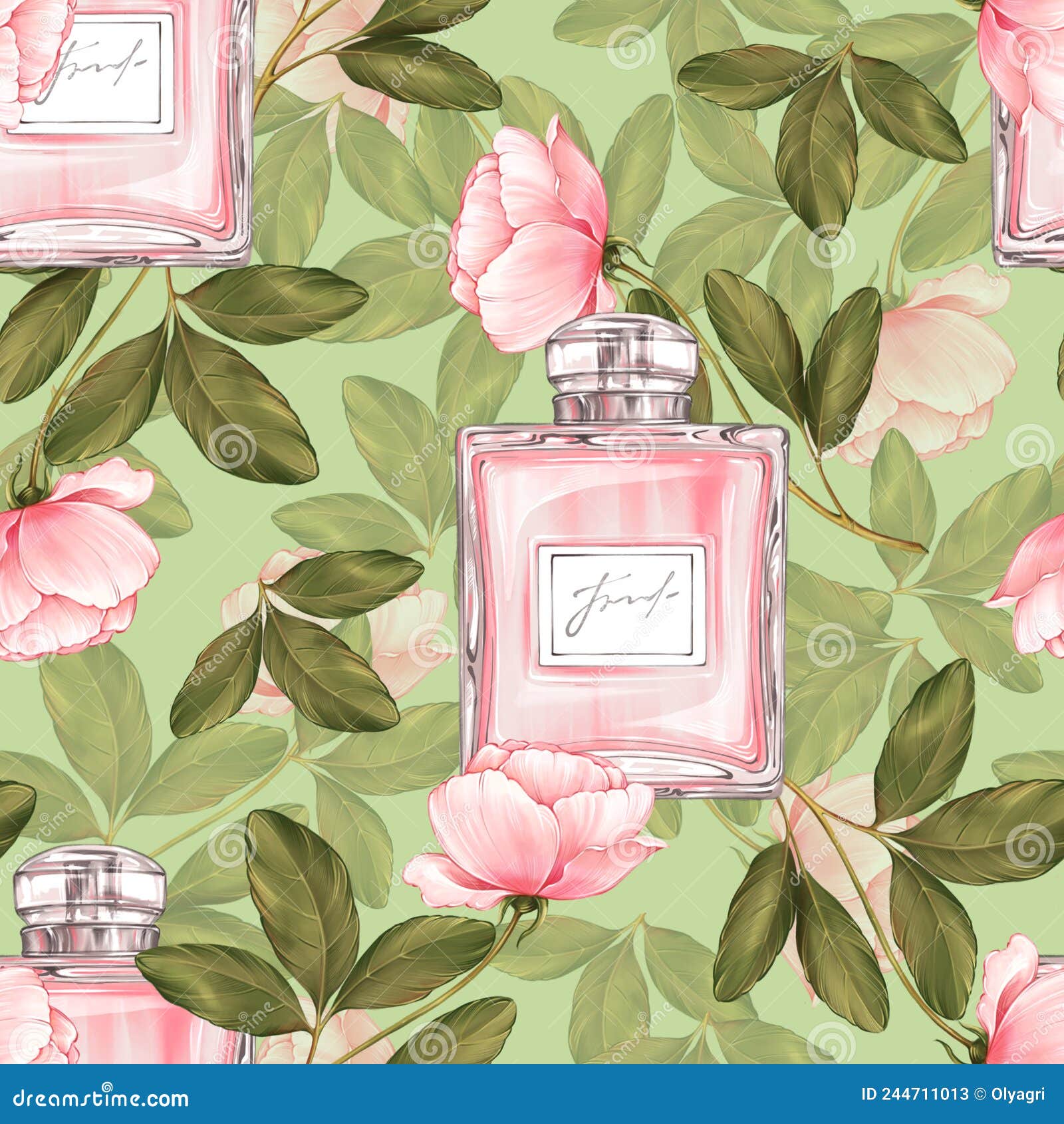 Pink Rose Flowers and Perfume Bottle. Floral Seamless Pattern. Stock ...