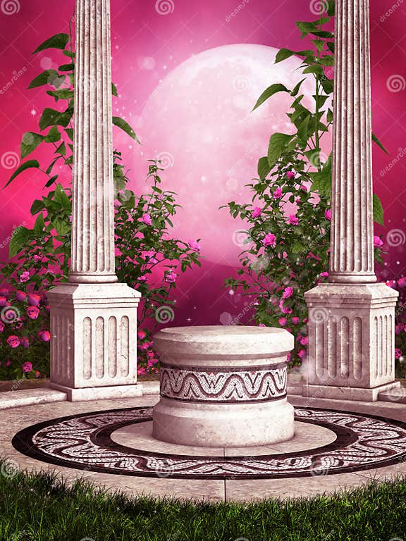 Pink Rose Garden with Columns Stock Illustration - Illustration of ...
