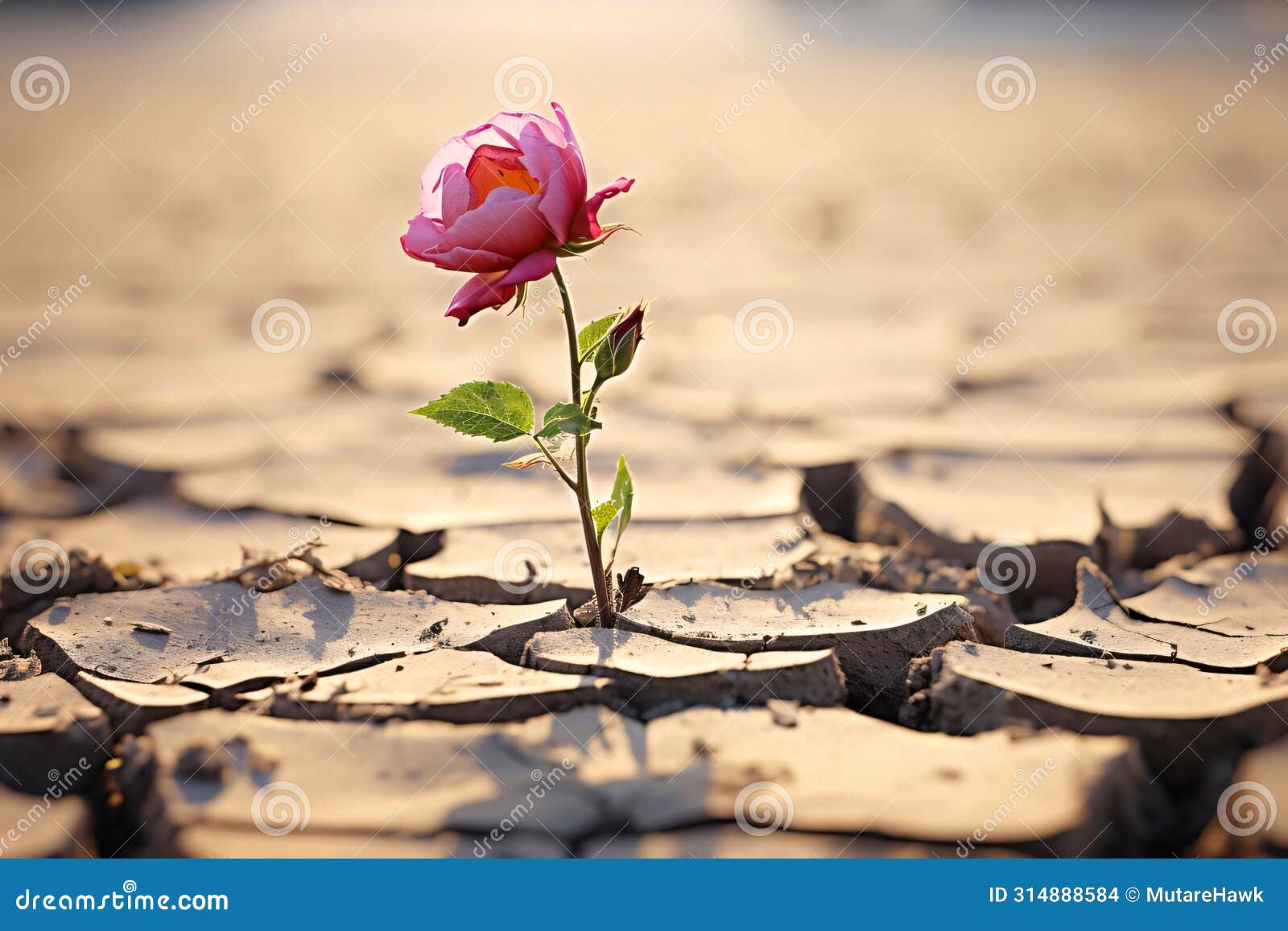 Pink Rose Growing on Cracked Earth. Concept of Drought and Global ...
