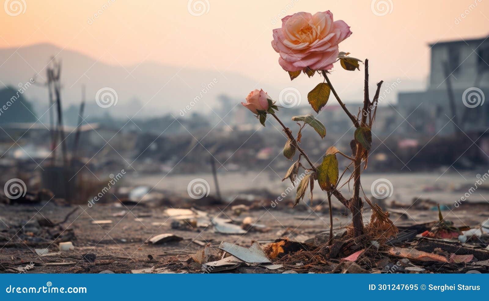 A Pink Rose is Growing Out of a Pile of Rubble, AI Stock Image - Image ...