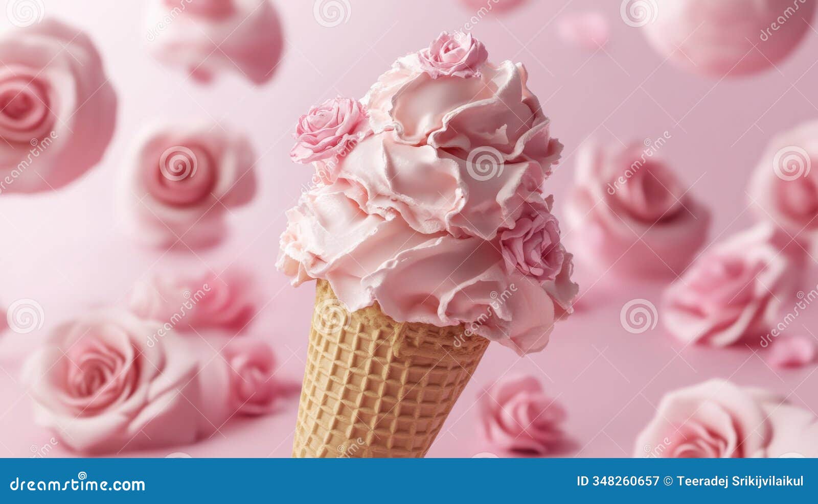 Pink Rose Ice Cream Cone with Floating Roses in Background. Generative ...