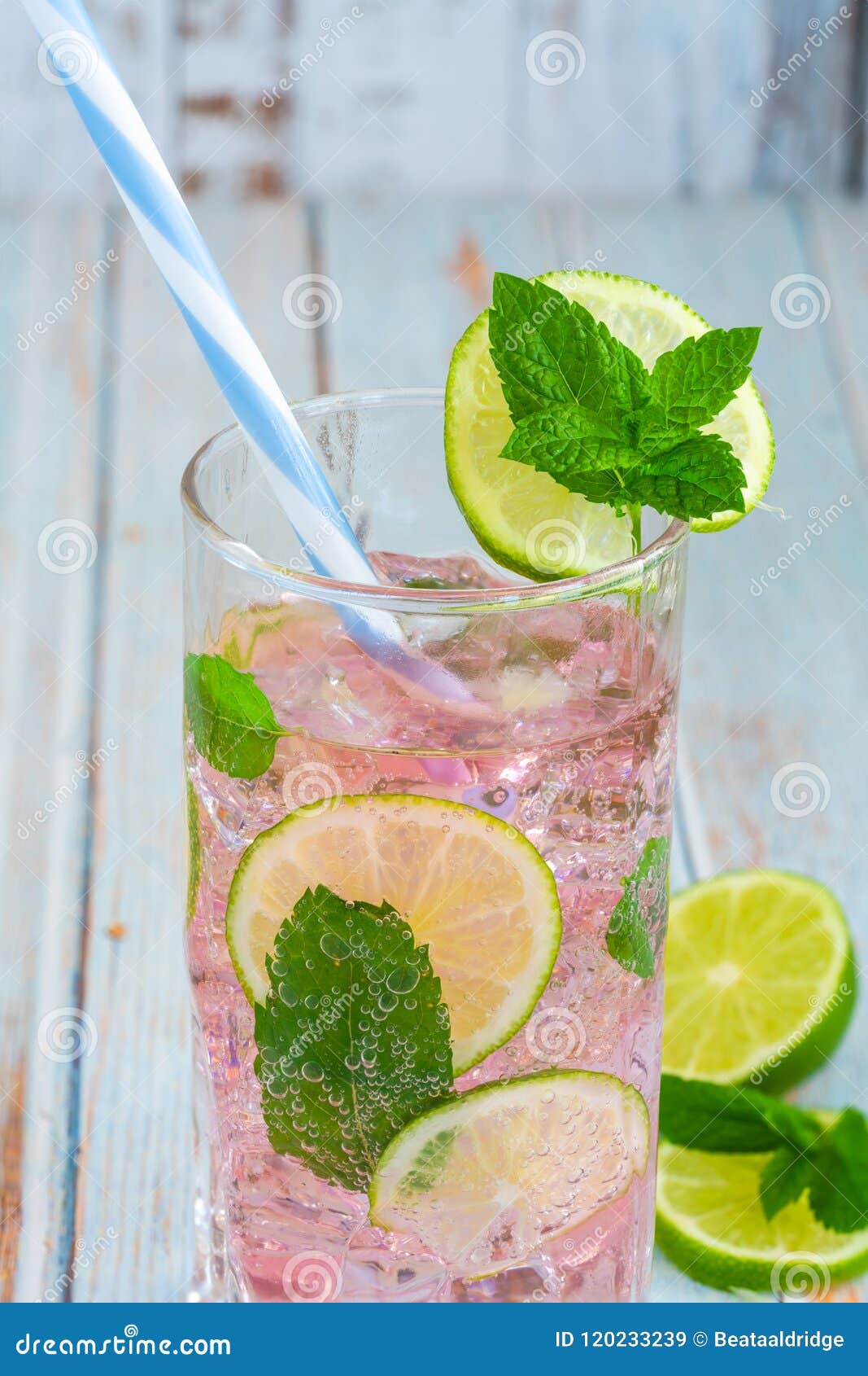 Pink Rose Lemonade with Lime and Fresh Mint Stock Image - Image of cube ...
