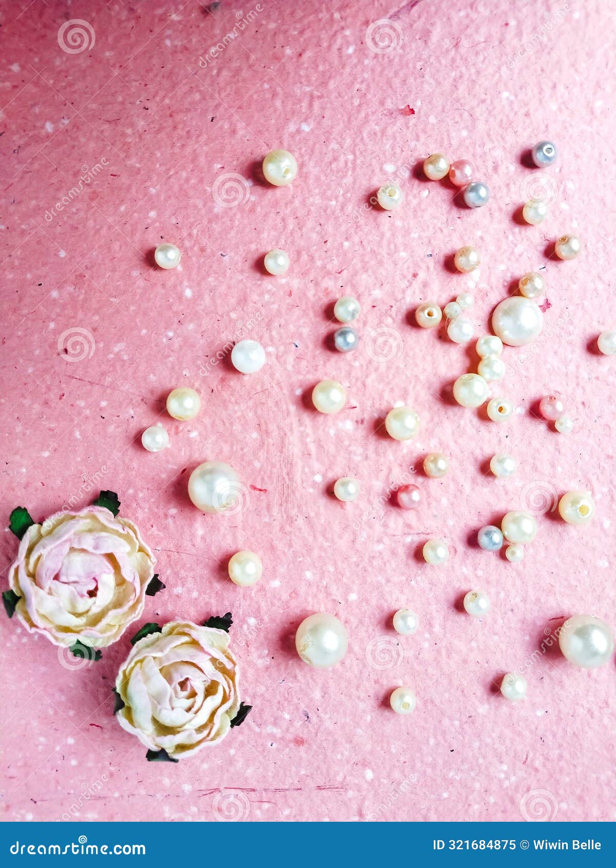 Pink Rose Petals and Pink Pearls on White Paper Stock Image - Image of ...