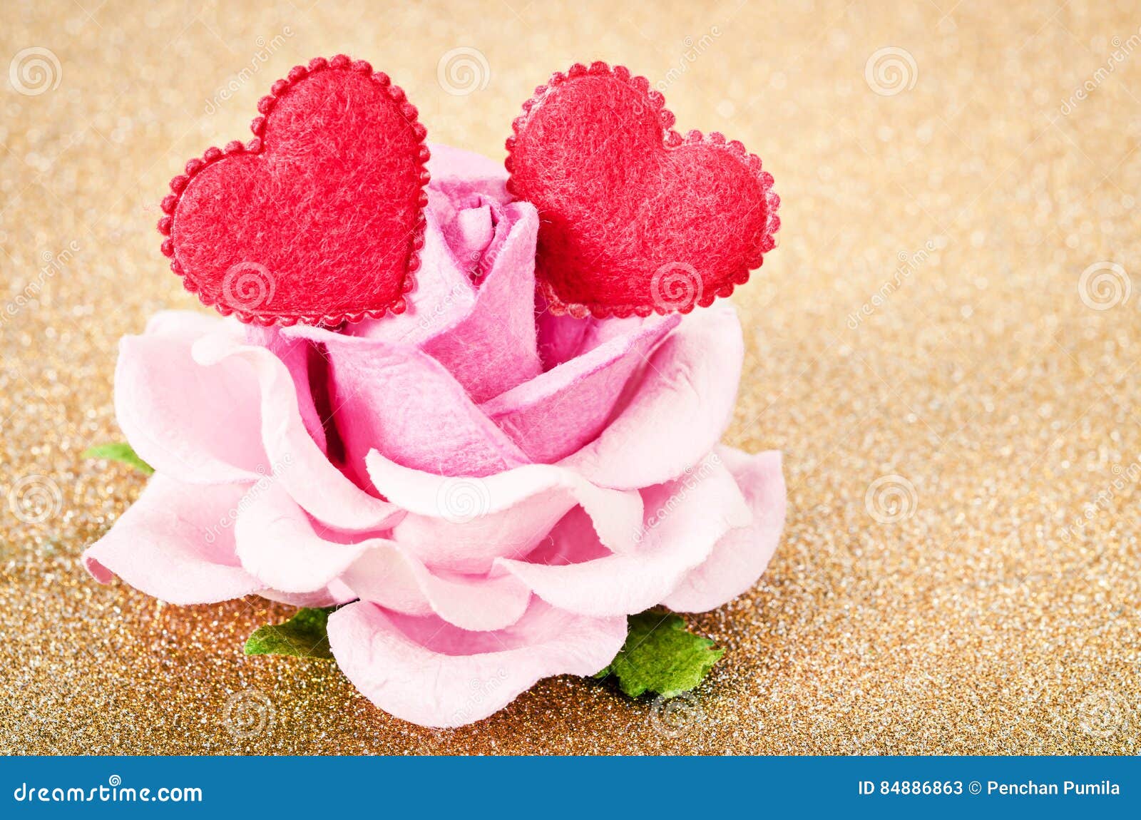 Pink Rose with Two Red Heart. Stock Image - Image of golden, love: 84886863