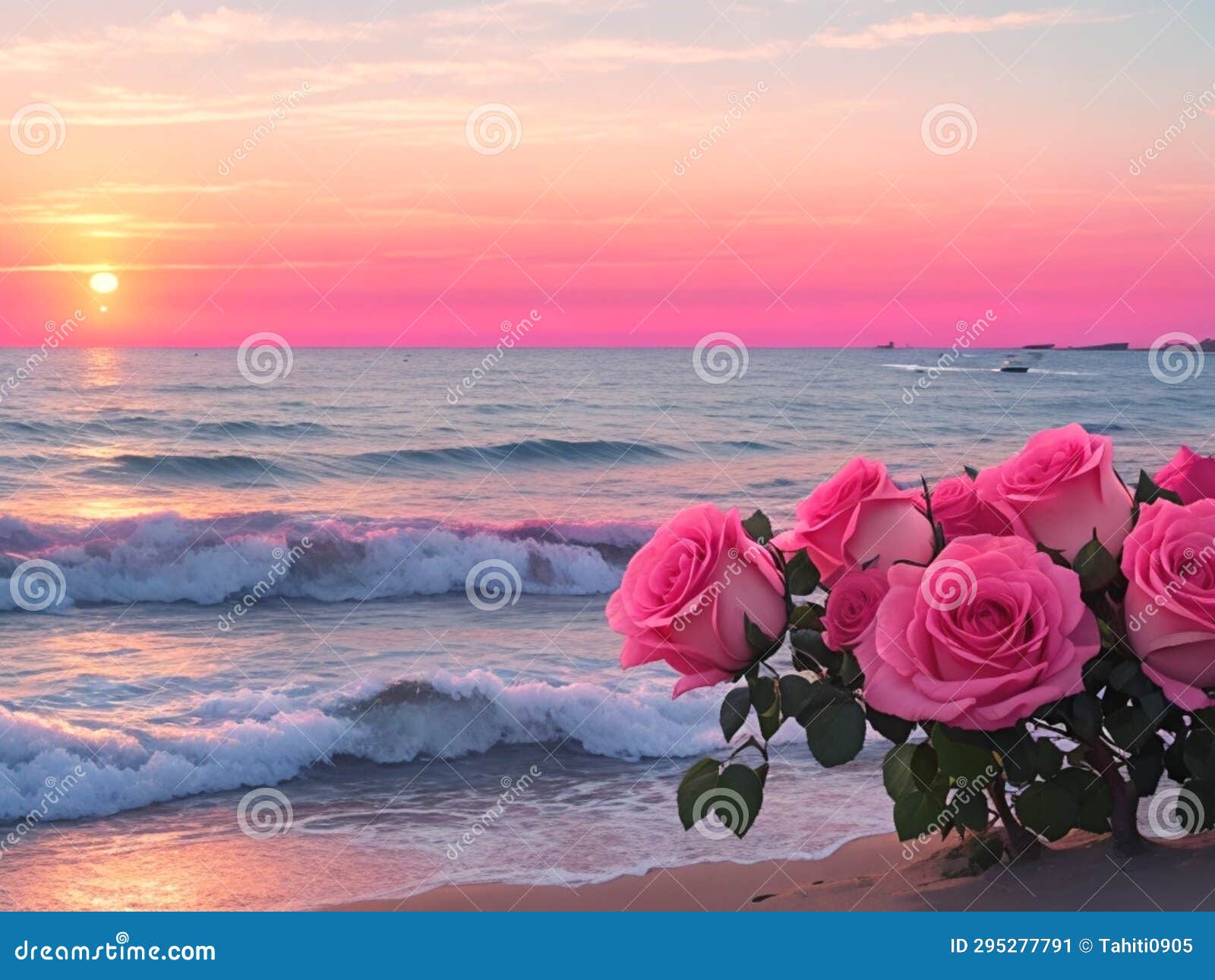 Pink Roses on Beach at Sunset Stock Illustration - Illustration of ...