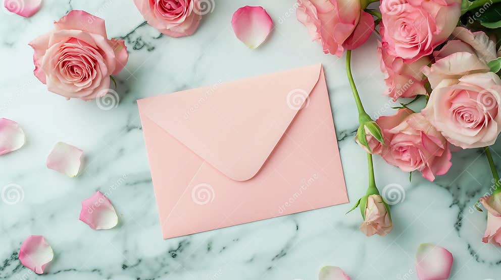 Pink Roses and Pink Envelope Background. Flat Lay, Top View Stock ...