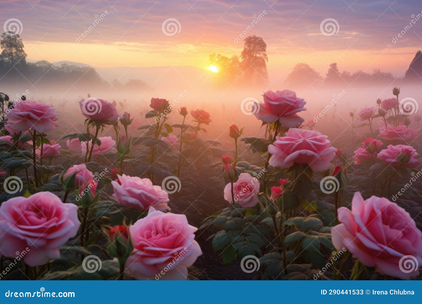 Pink Roses Field in Morning Mist Stock Illustration - Illustration of ...