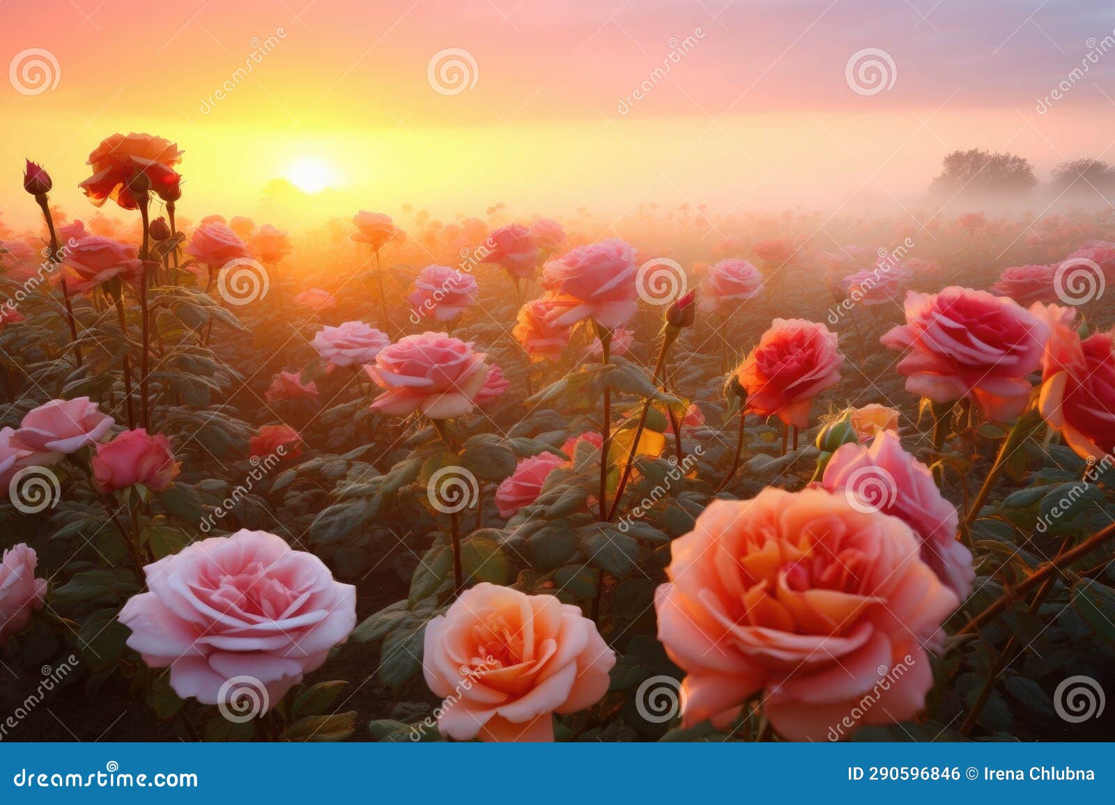 Pink Roses Field in Morning Mist Stock Illustration - Illustration of ...