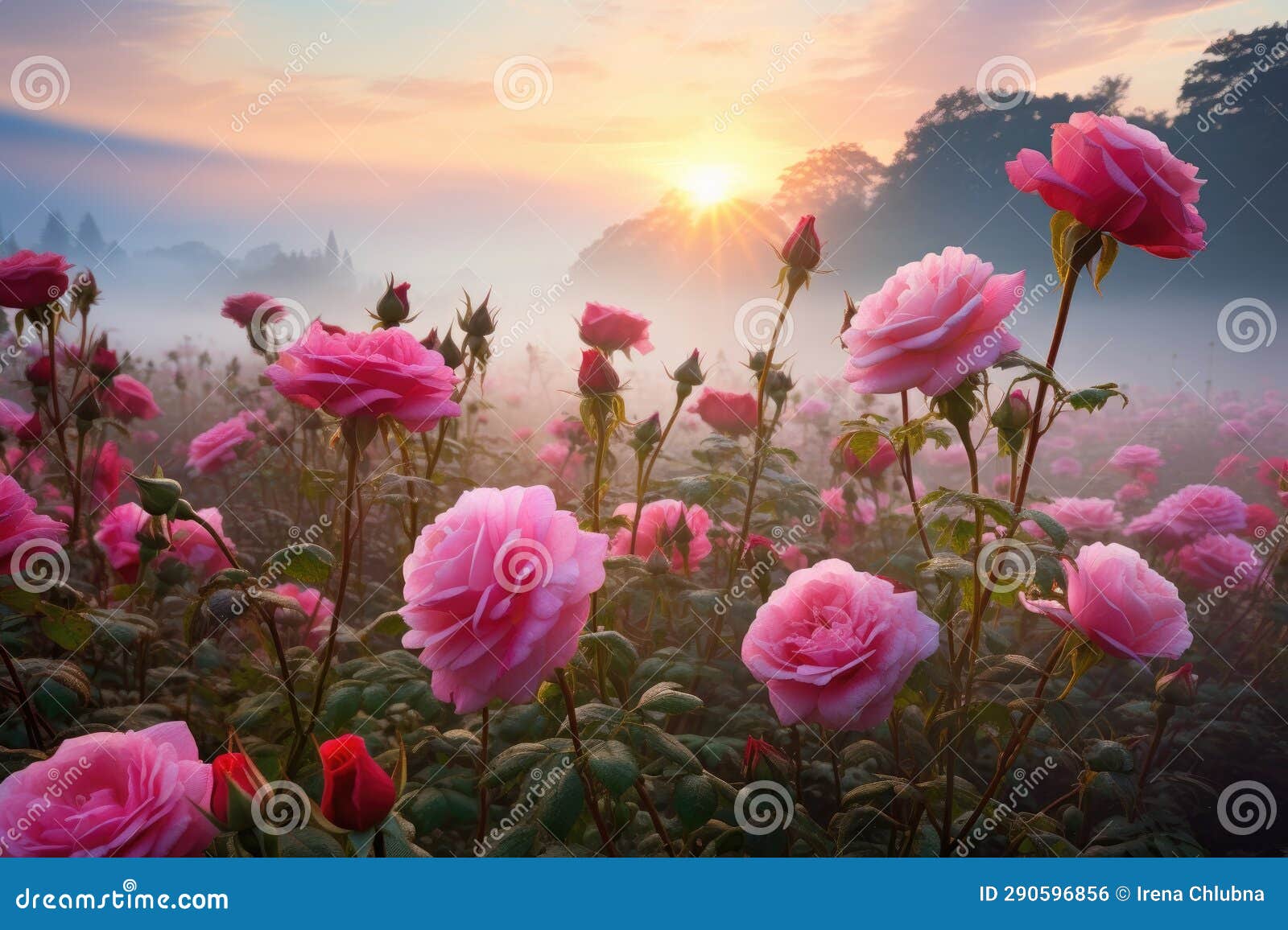 Pink Roses Field in Morning Mist Stock Illustration - Illustration of ...