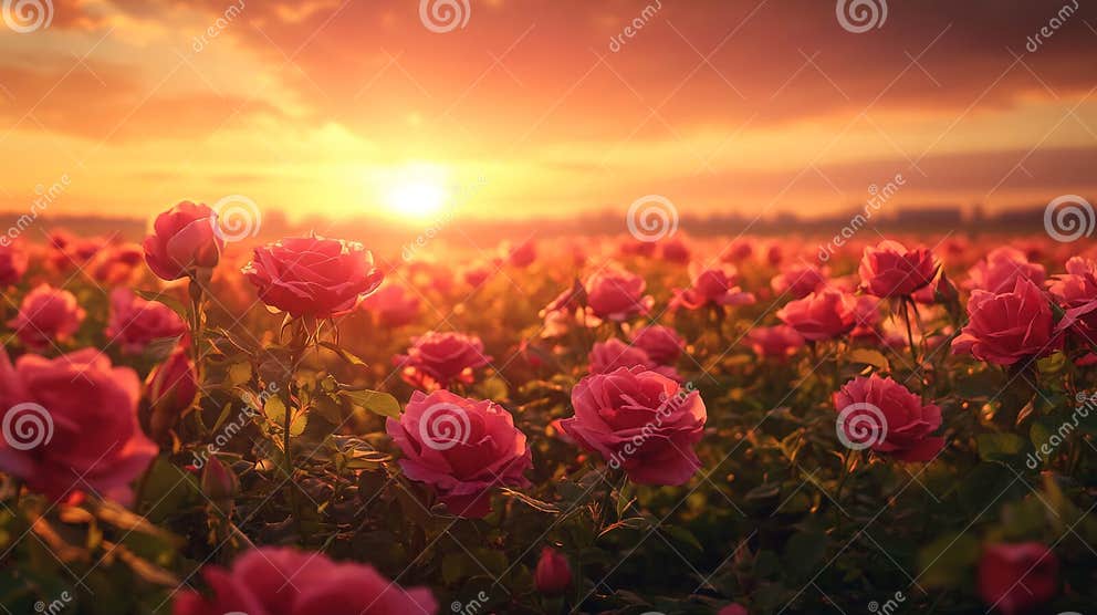 Pink Roses in a Field at Sunset Stock Illustration - Illustration of ...