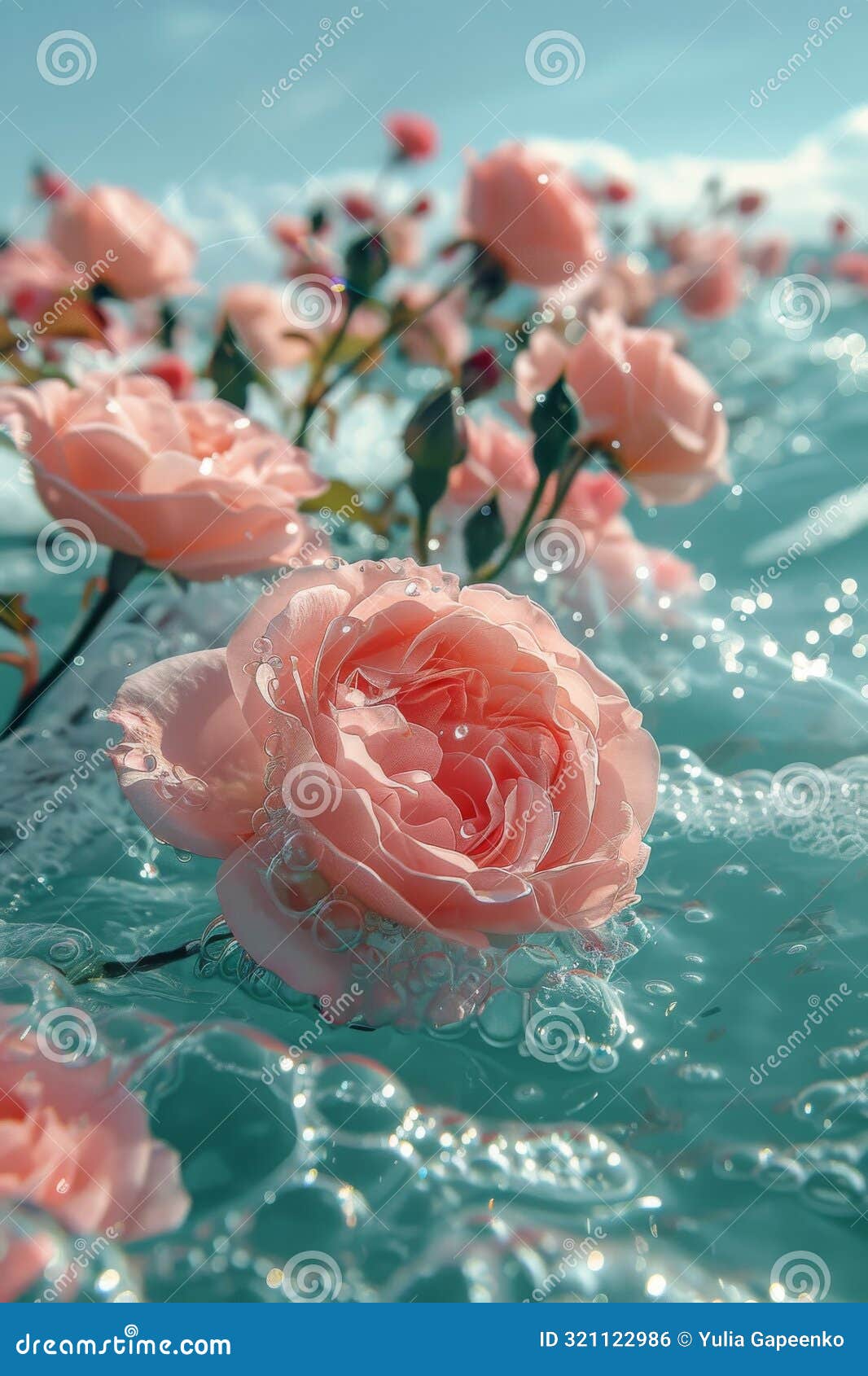 Pink Roses Floating on Blue Water on a Sunny Day Stock Photo - Image of ...