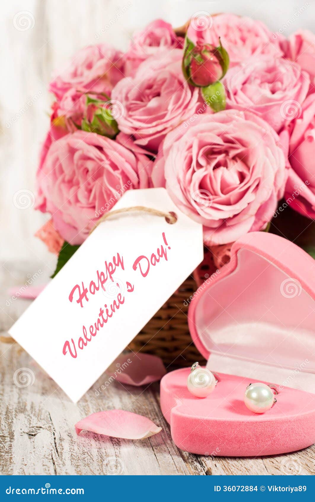 Pink Roses and Gift in a Basket Stock Photo - Image of pearls, chic ...