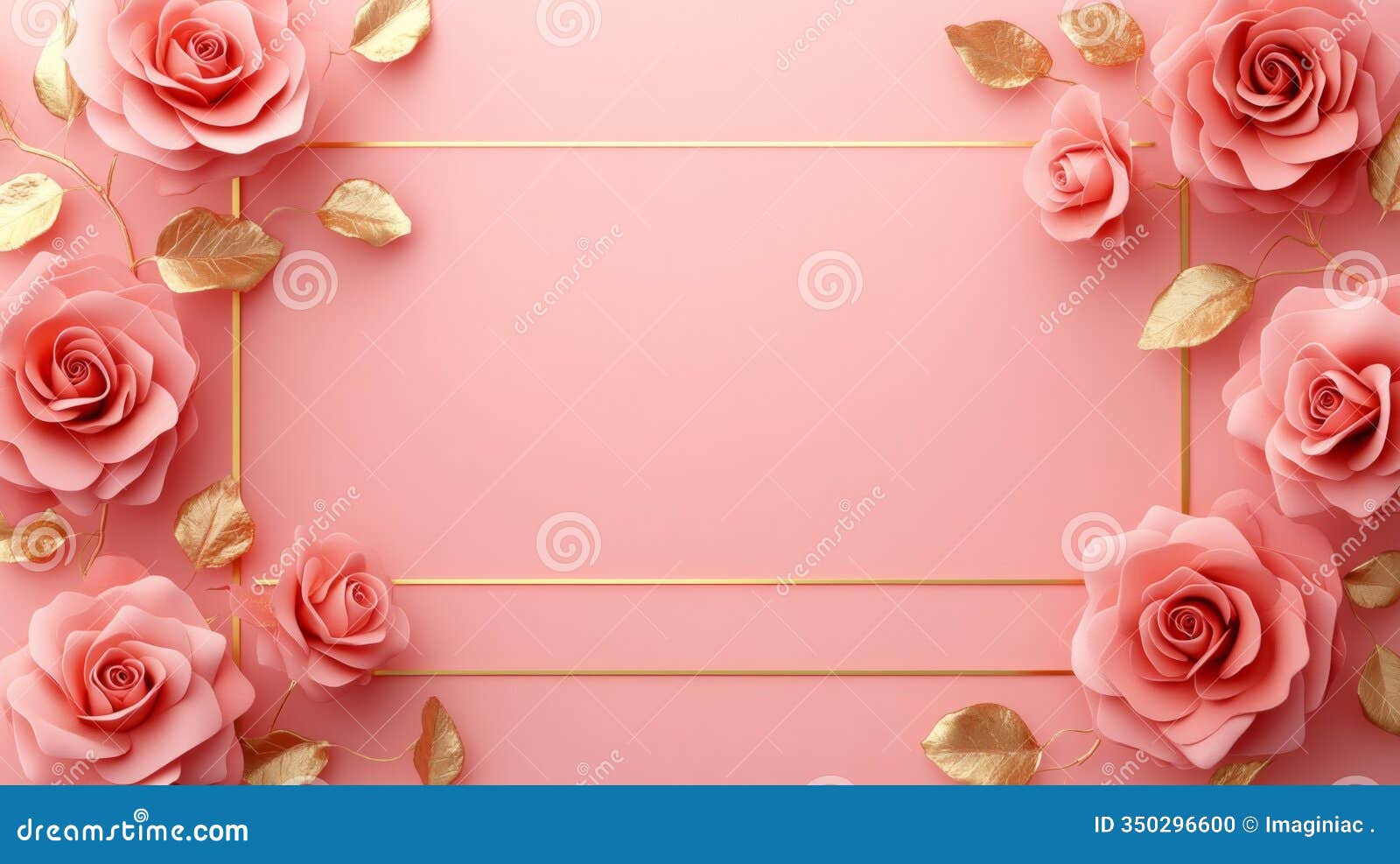 Pink Roses and Gold Leaves Frame a Pink Background Stock Illustration ...