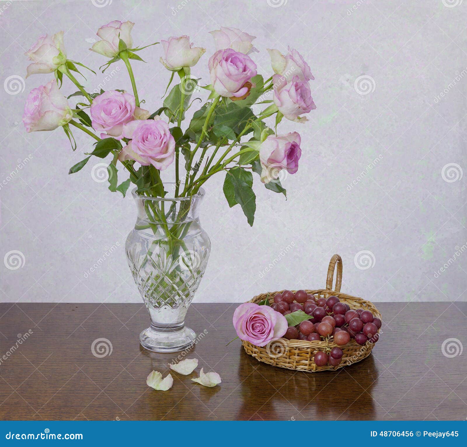 Pink Roses and grapes stock photo. Image of pink, basket - 48706456