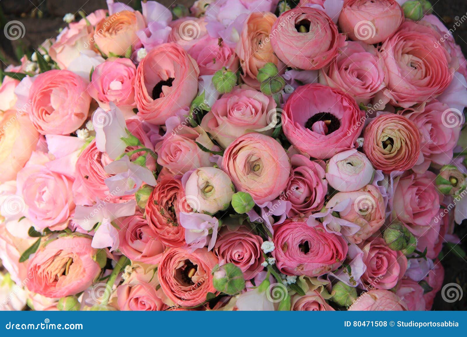 Pink Roses and Ranunculus Bridal Bouquet Stock Photo - Image of ...