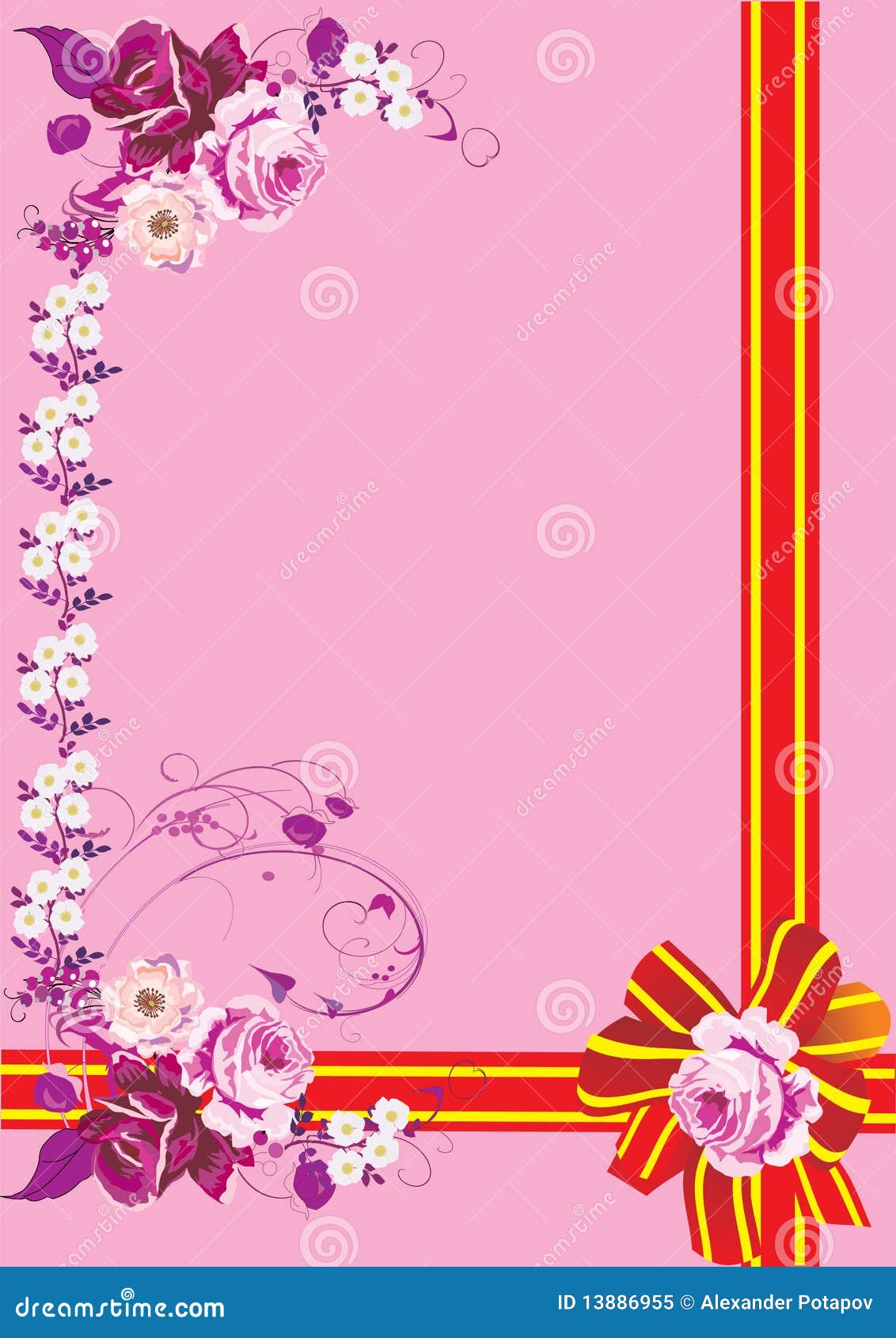 Pink roses and red ribbon stock vector. Illustration of design - 13886955
