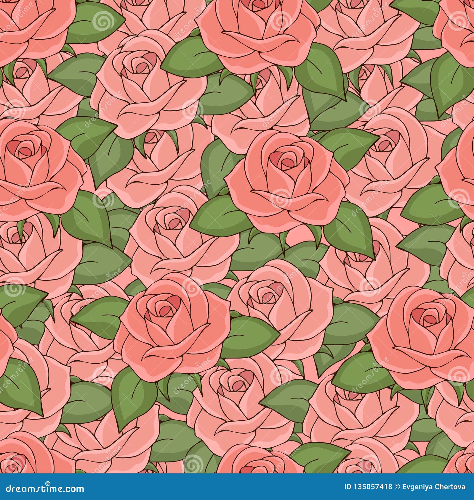 Pink Roses Seamless Pattern, Hand Drawing, Vector Illustration. Stock ...