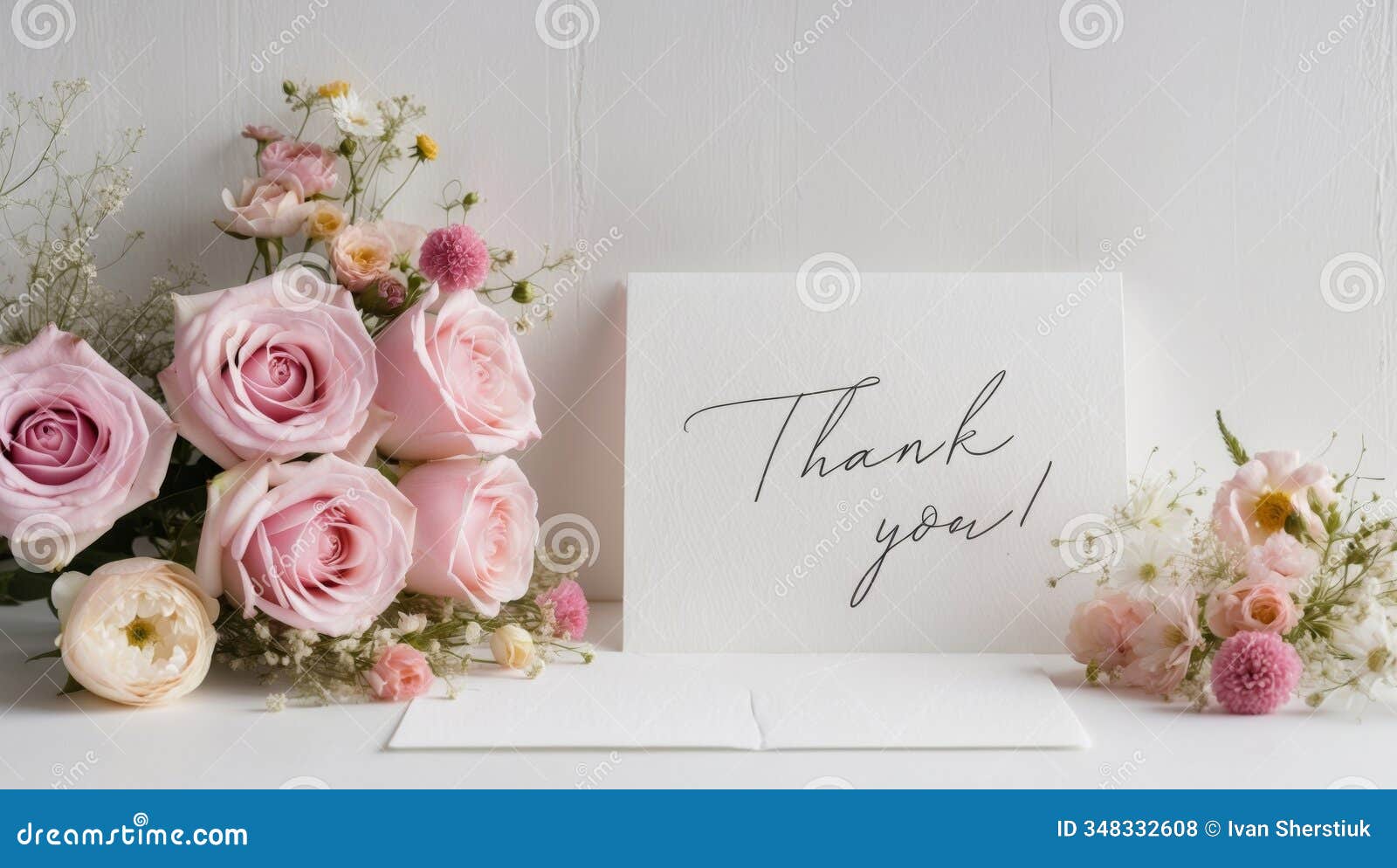 Pink Roses and a Thank You Note Surrounded by Delicate Flowers. Stock ...