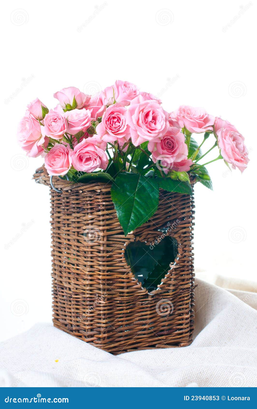 Pink Roses in a Wicker Basket and Linen Fabric Stock Image - Image of ...