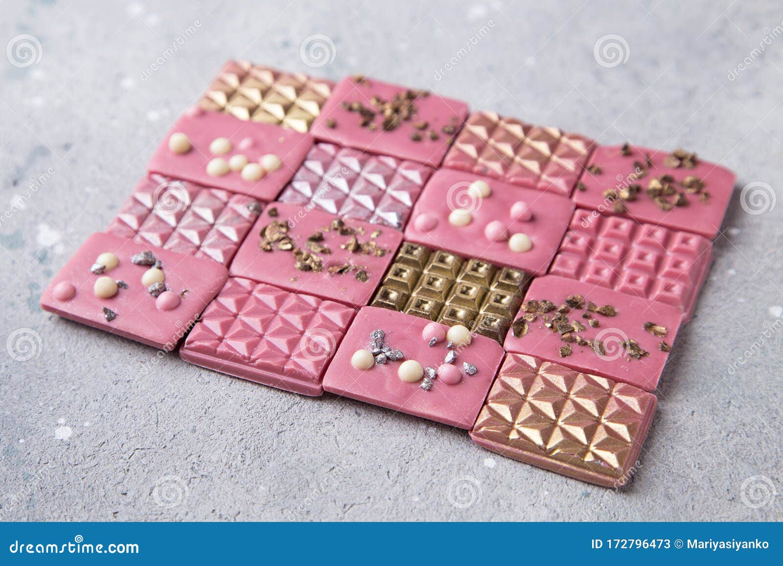 Pink Ruby Chocolate Bars with Gold, Silver and Crisp Stock Image ...