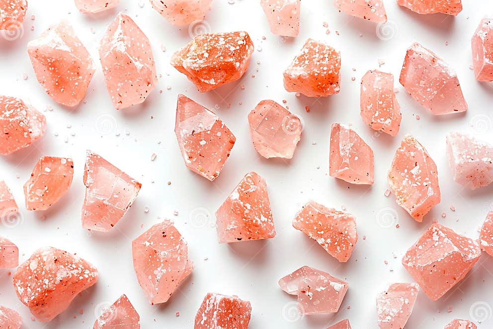 Pink Salt Crystals Scattered Randomly Across a Solid White Background ...