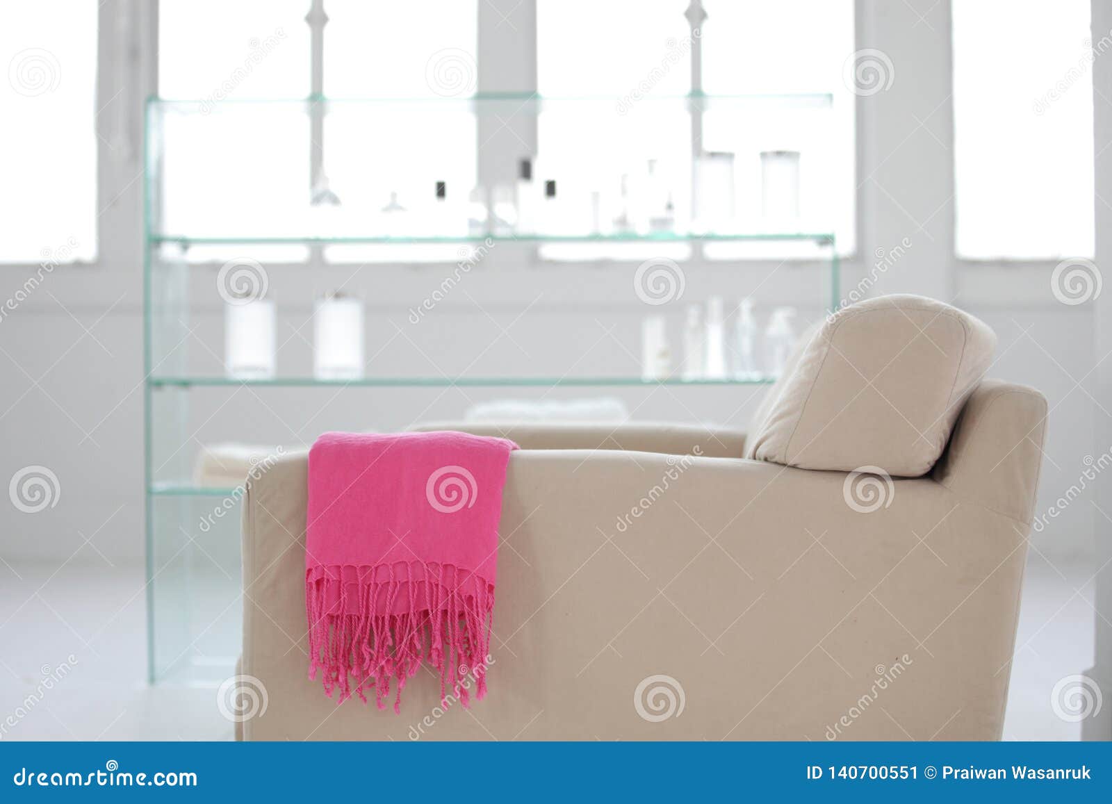 Pink Scarf on Beige Sofa in White Room Stock Image - Image of living ...