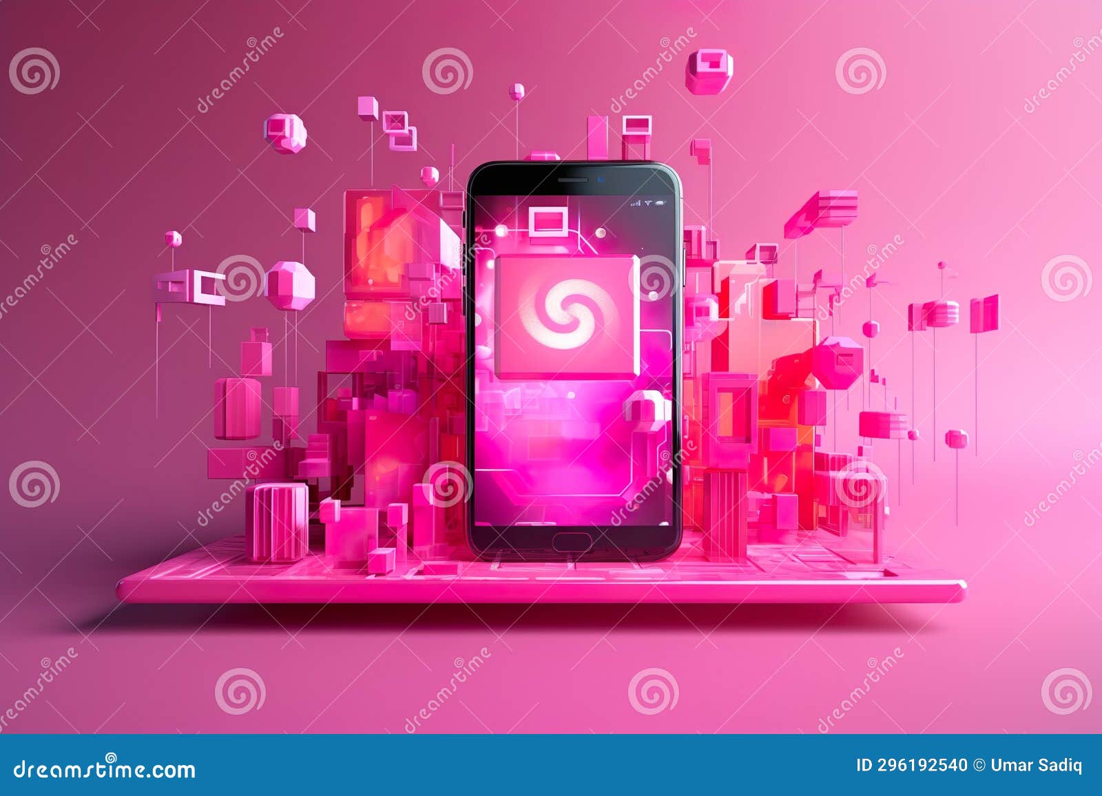 Pink scene with cell phone stock illustration. Illustration of font ...